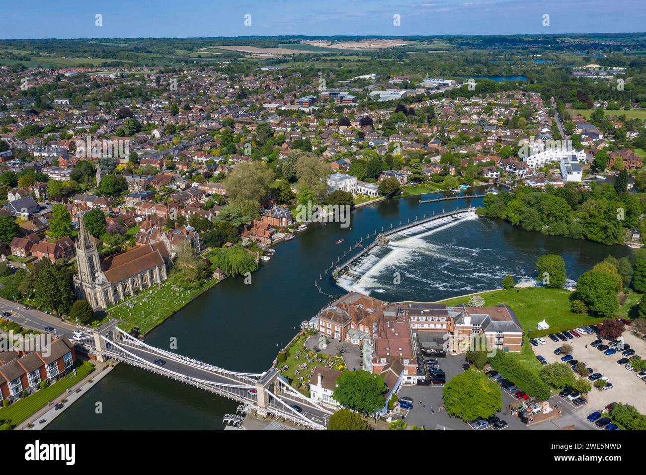 Aerial view of town with All Saints Church, Marlow Suspension Bridge ...