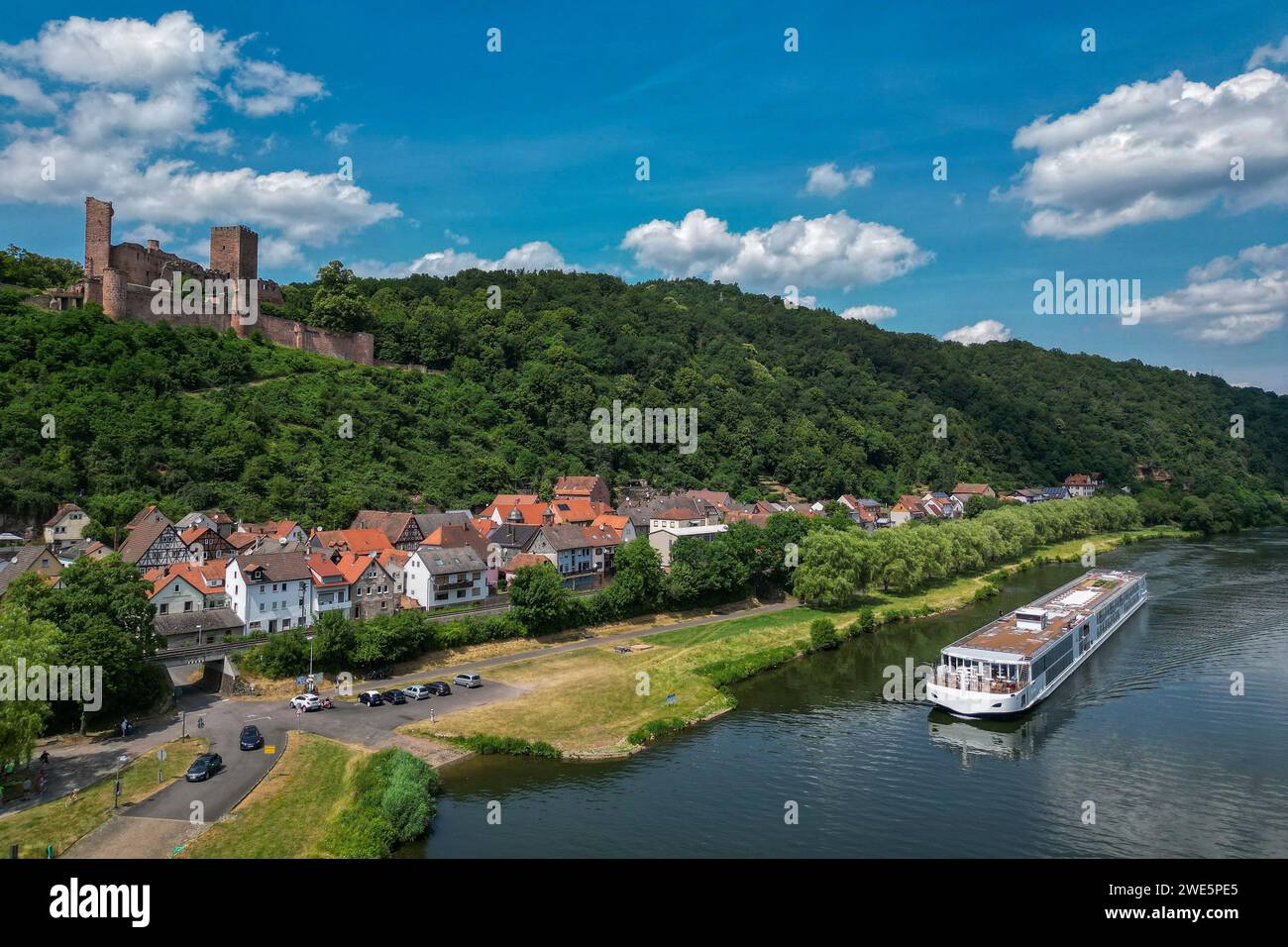 Aerial view of river cruise ship Viking Egdir (Viking Cruises) on the ...