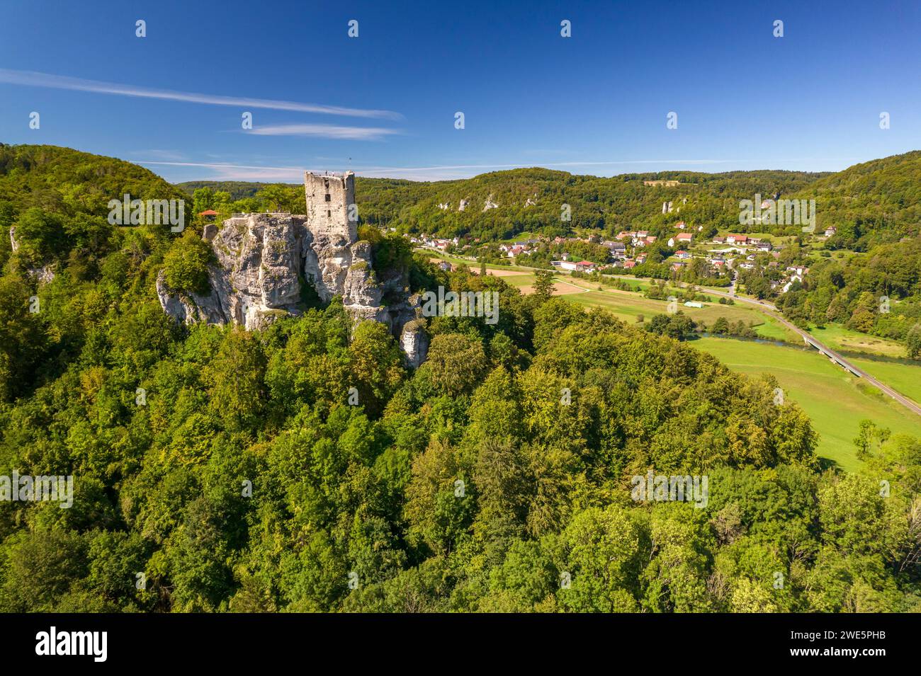 The Neideck castle ruins in Franconian Switzerland seen from the air ...