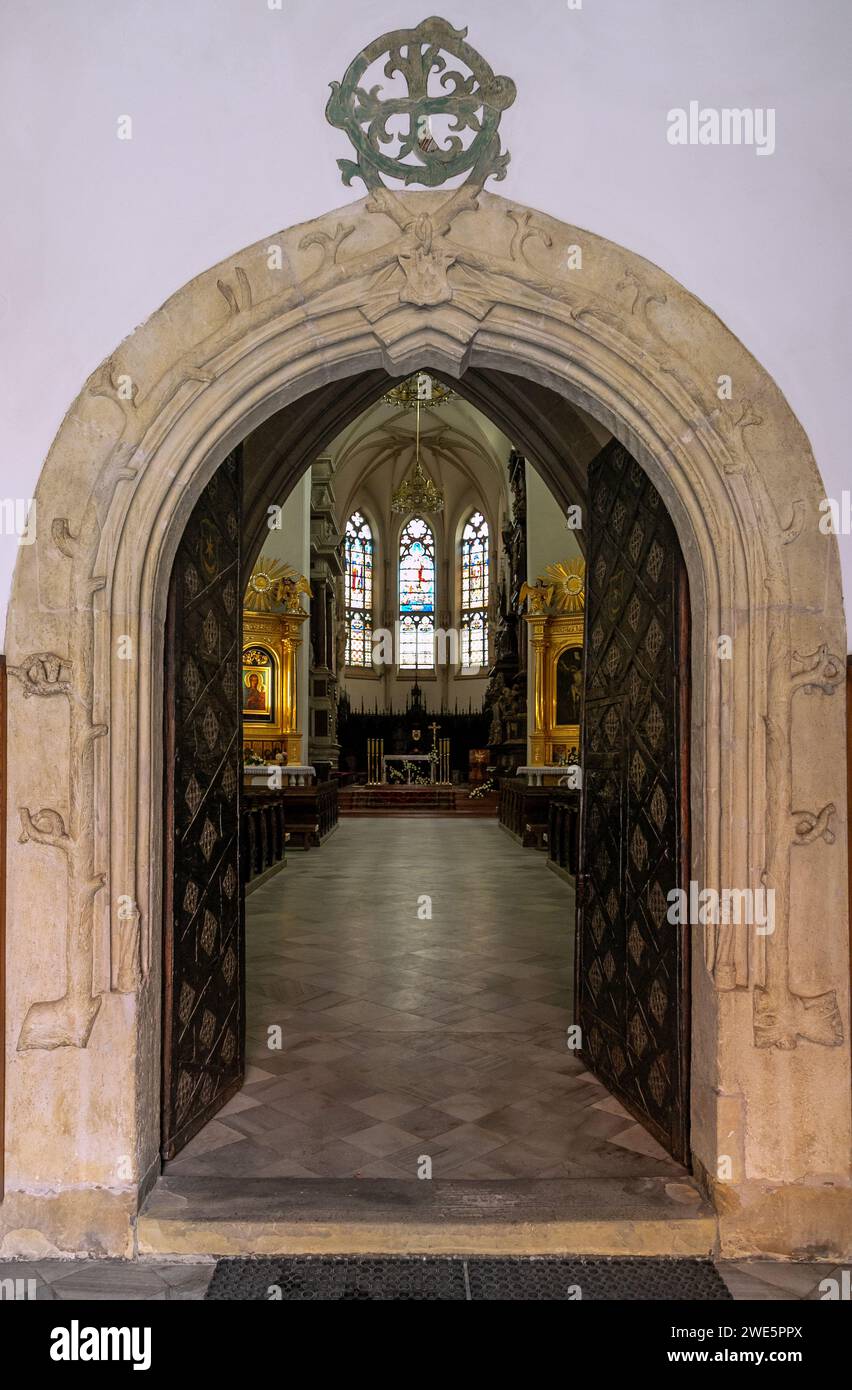 Tower portal and view of the interior of the cathedral (Bazylika Katedralna) in Tarnów in the ...