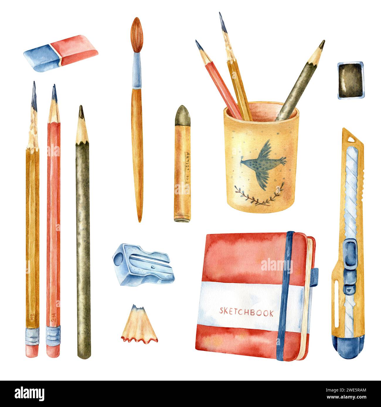 Isolated illustration with handmade artistic materials, brushes, paints ...