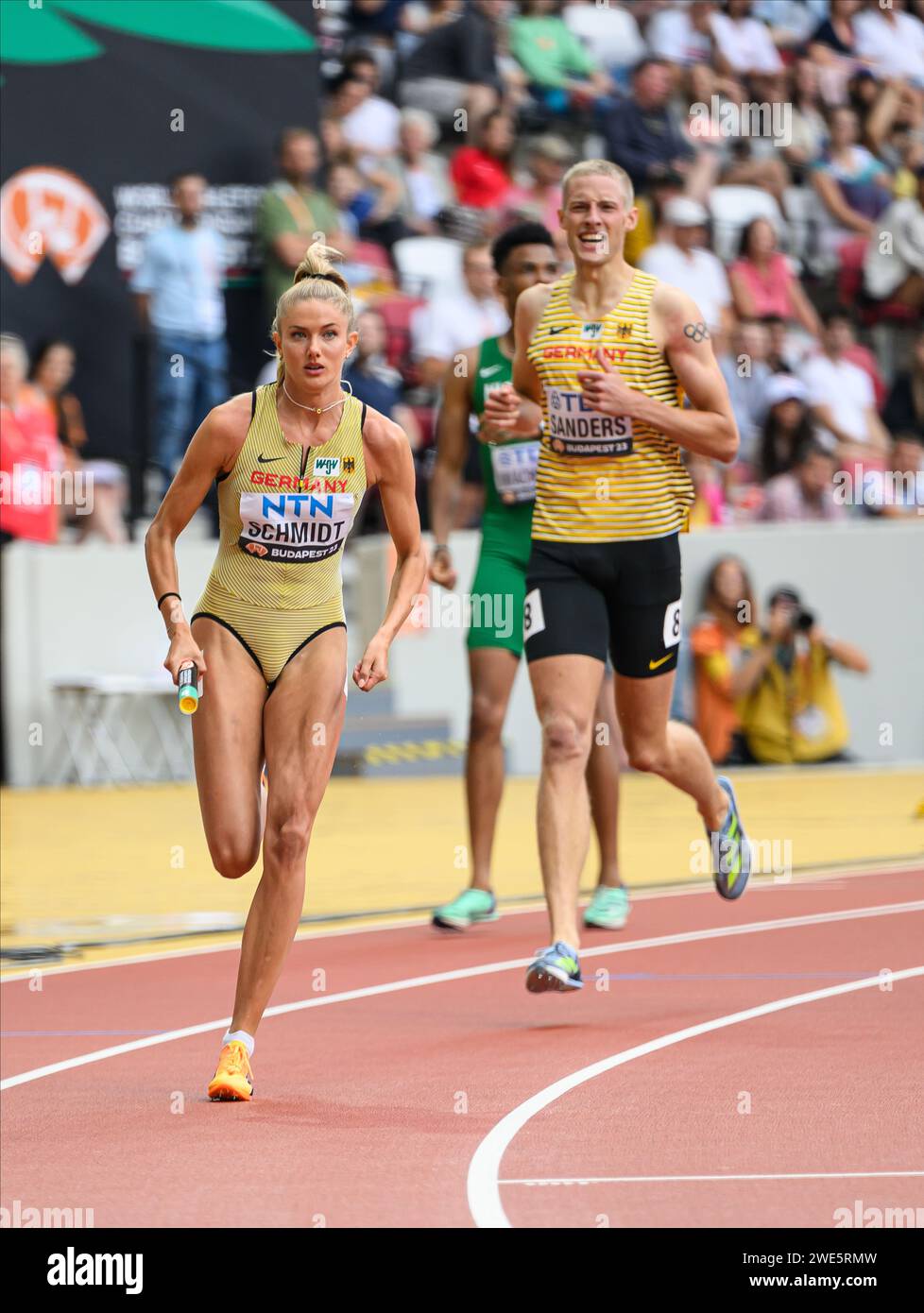 Alica Schmidt participating in the 4x400 m Relay at the World Athletics ...