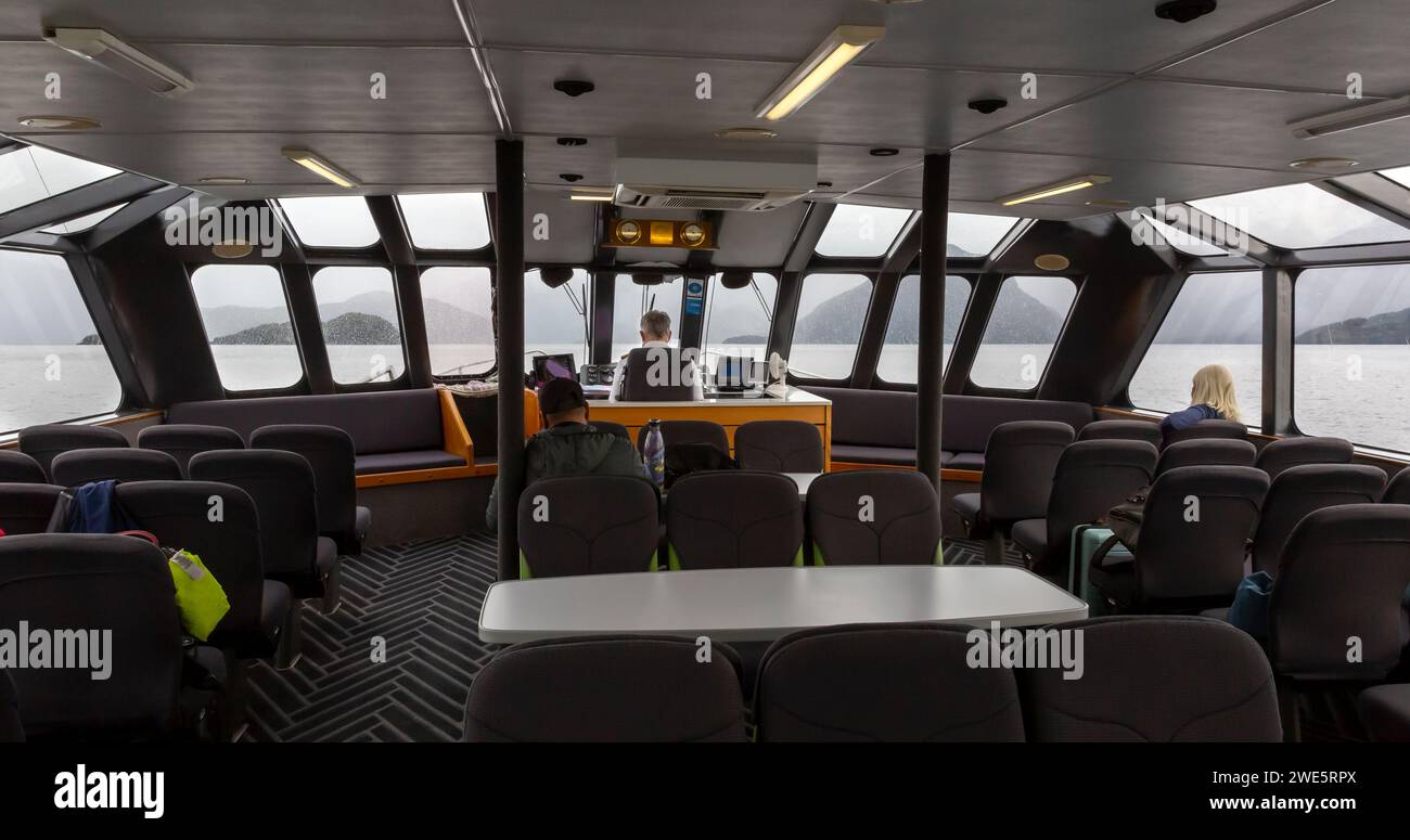 Interior view of a Realnz passenger ferry crossing Lake Manapouri ...