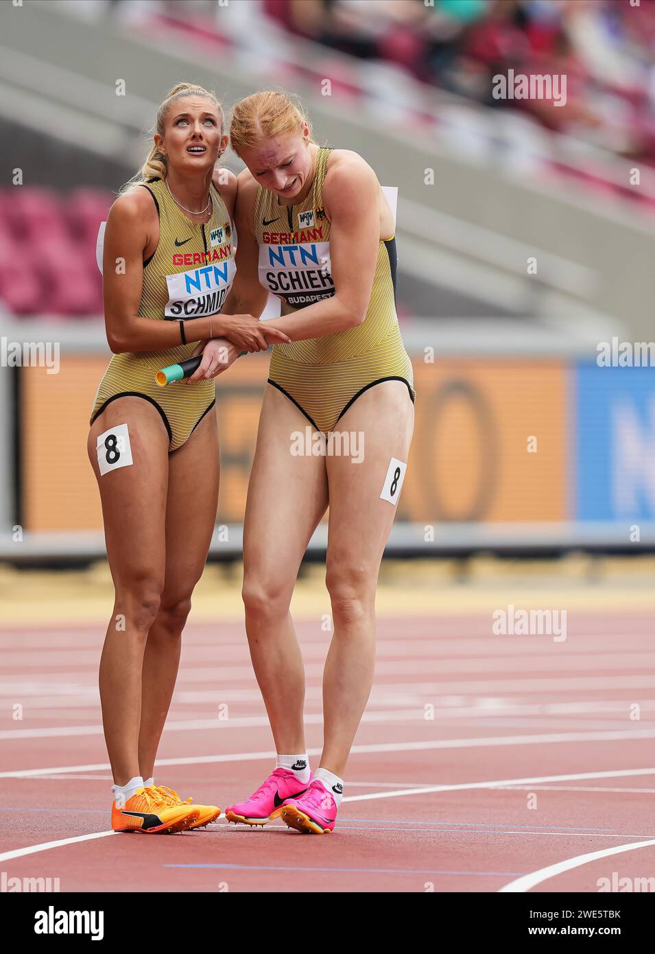 Skadi Schier, of Germany, left, and Alica Schmidt, of Germany react after finishing in a heat of ...