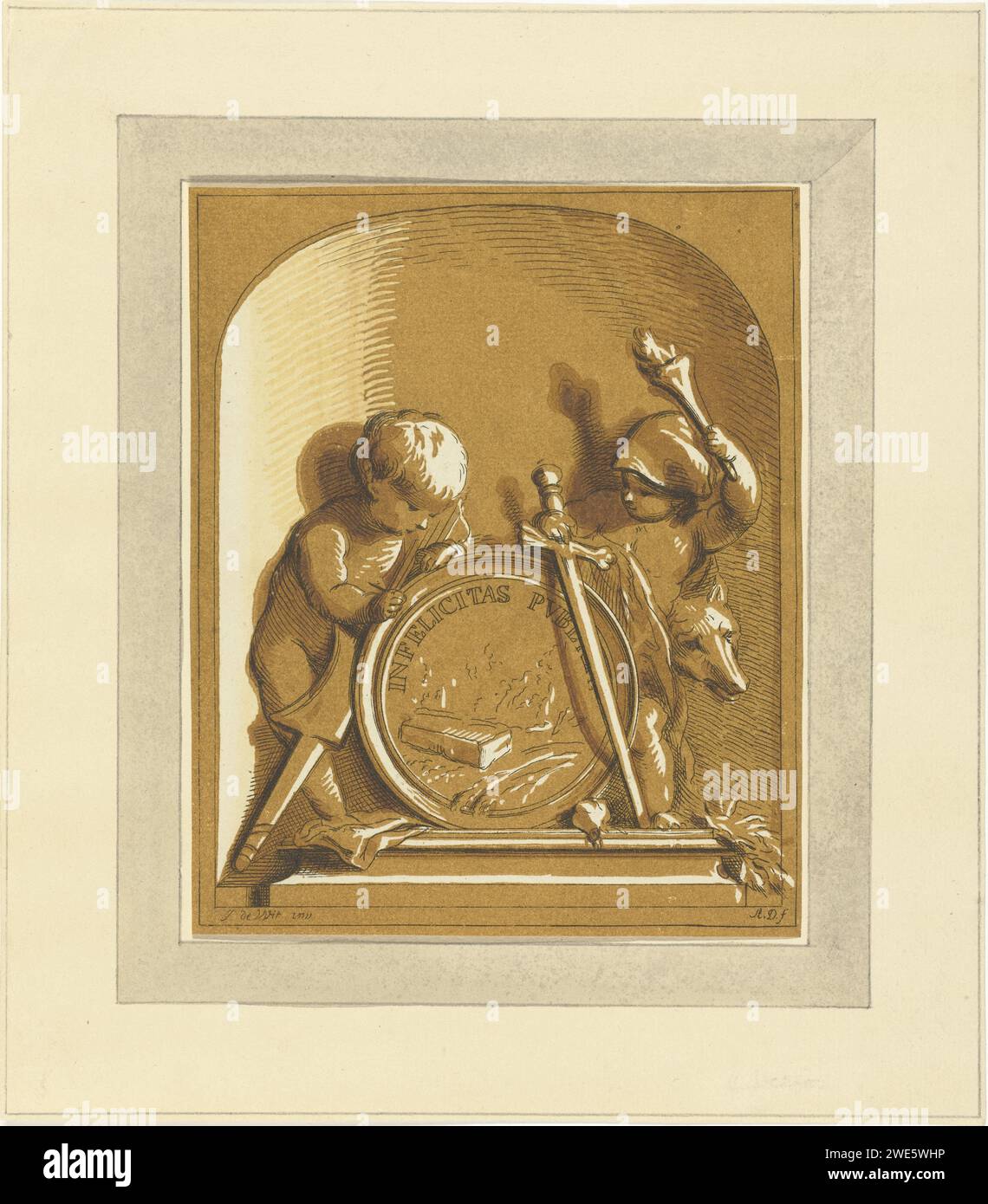 Putti standing by medallion with tomb, in Nis, Abraham Delfos, after ...