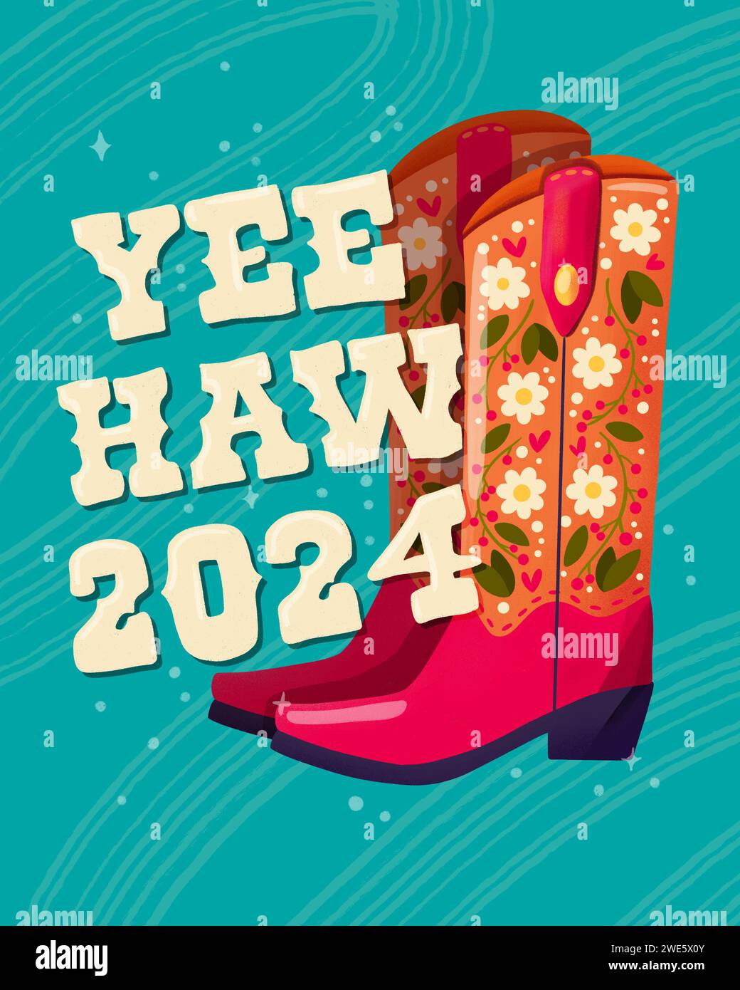 A pair of cowboy boots decorated with flowers and a hand lettering ...
