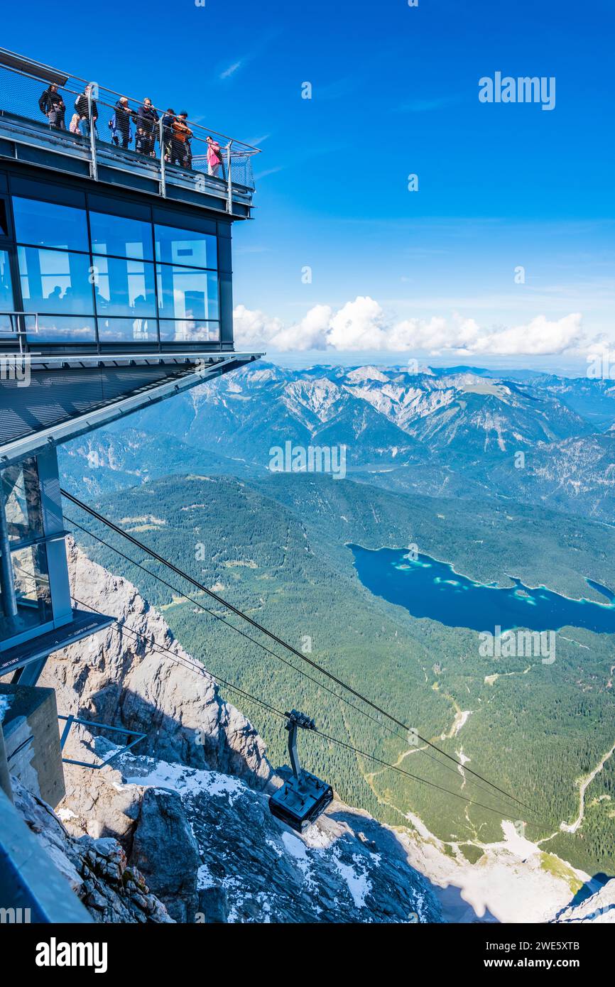 Mountain station of the Bavarian Zugspitzbahn, view of the Eibsee ...