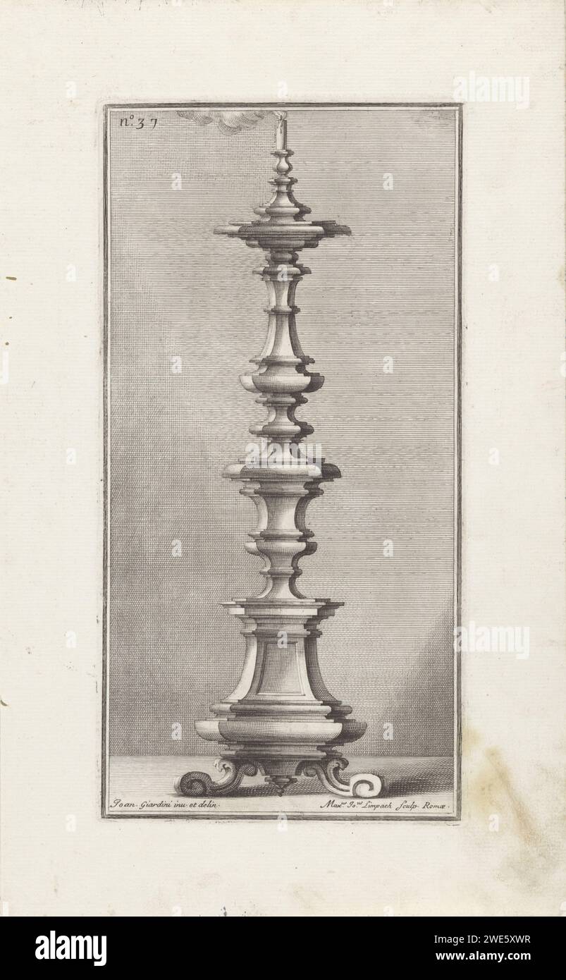 Candlestick with burning candle, 1714 print Numbered in the top left ...