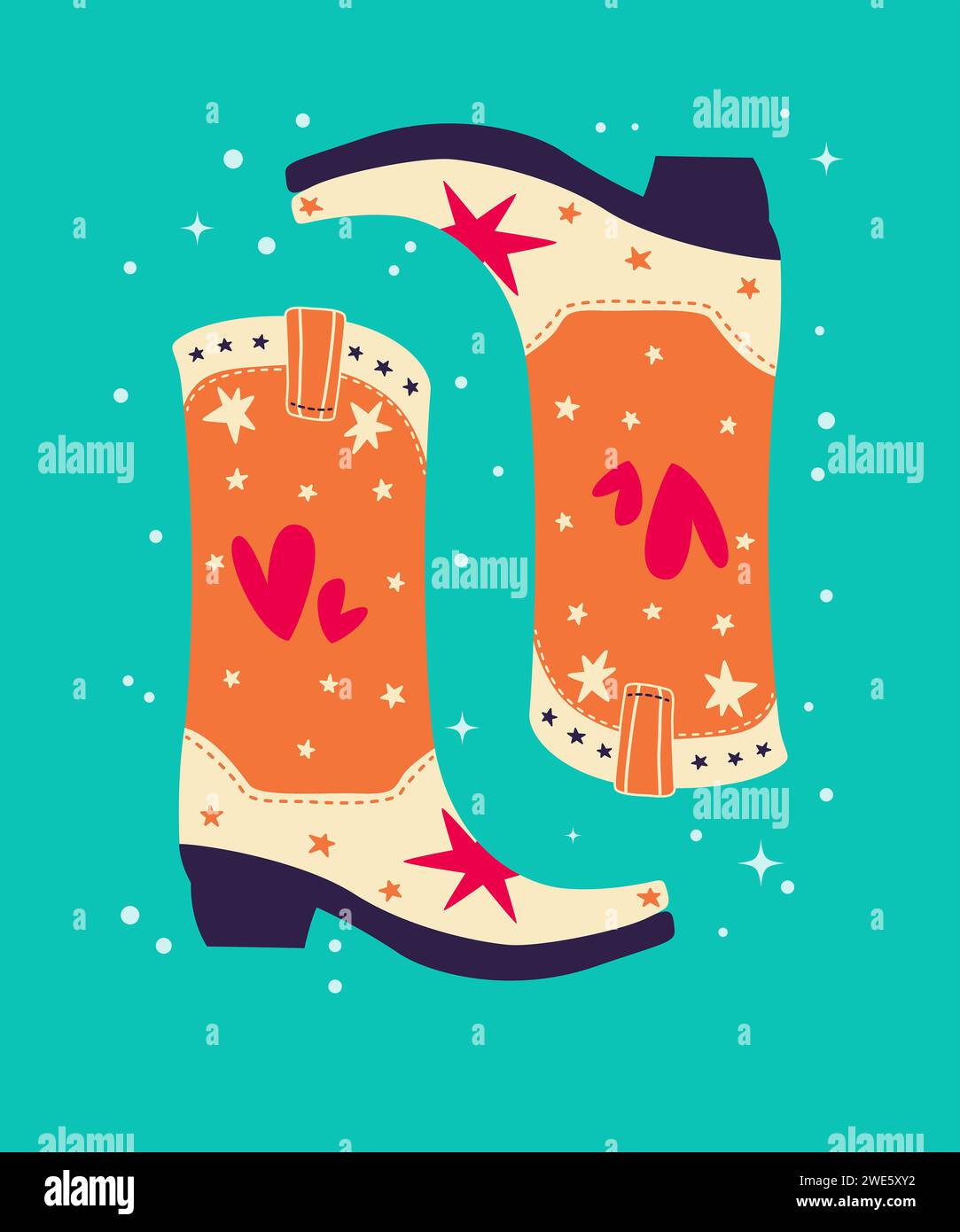 Hand drawn orange cowboy boots with hearts and stars on mint background ...
