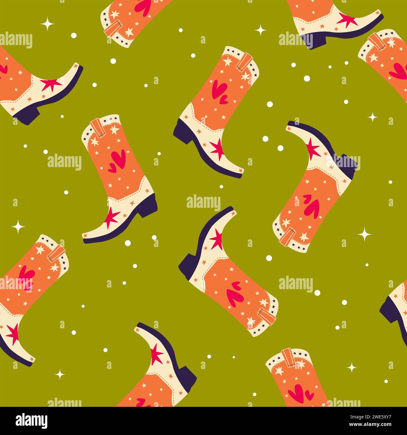 Cowboy boots with stars and hearts on green background, seamless ...