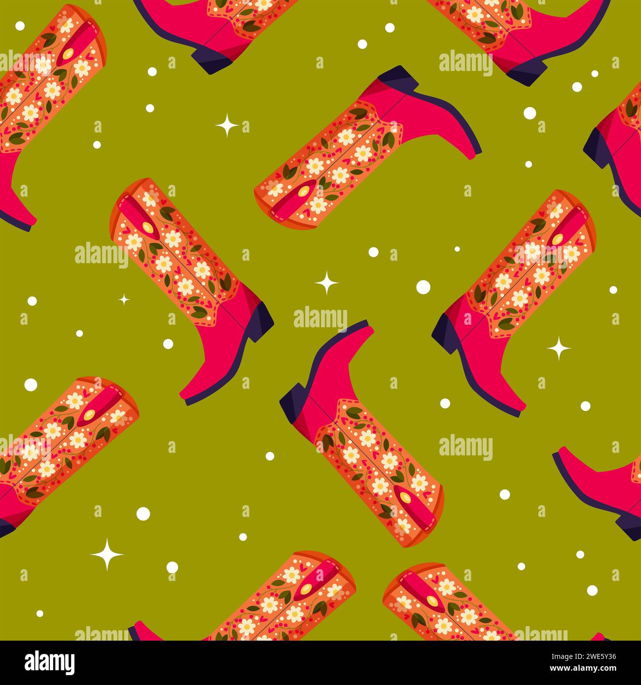 Cowboy boots with flowers and hearts on vibrant green background ...