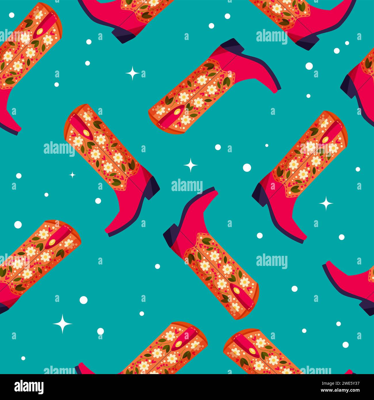 Cowboy boots with flowers and hearts on vibrant blue background ...