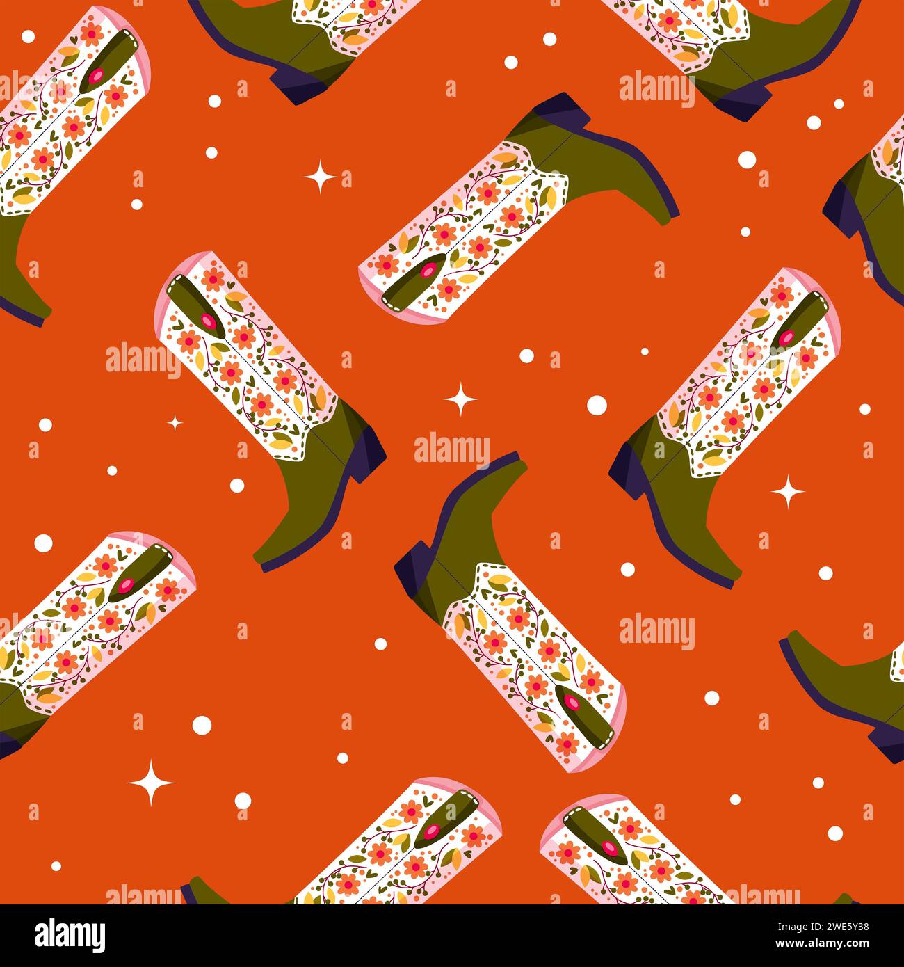 Cowboy boots with flowers and hearts on vibrant orange background ...