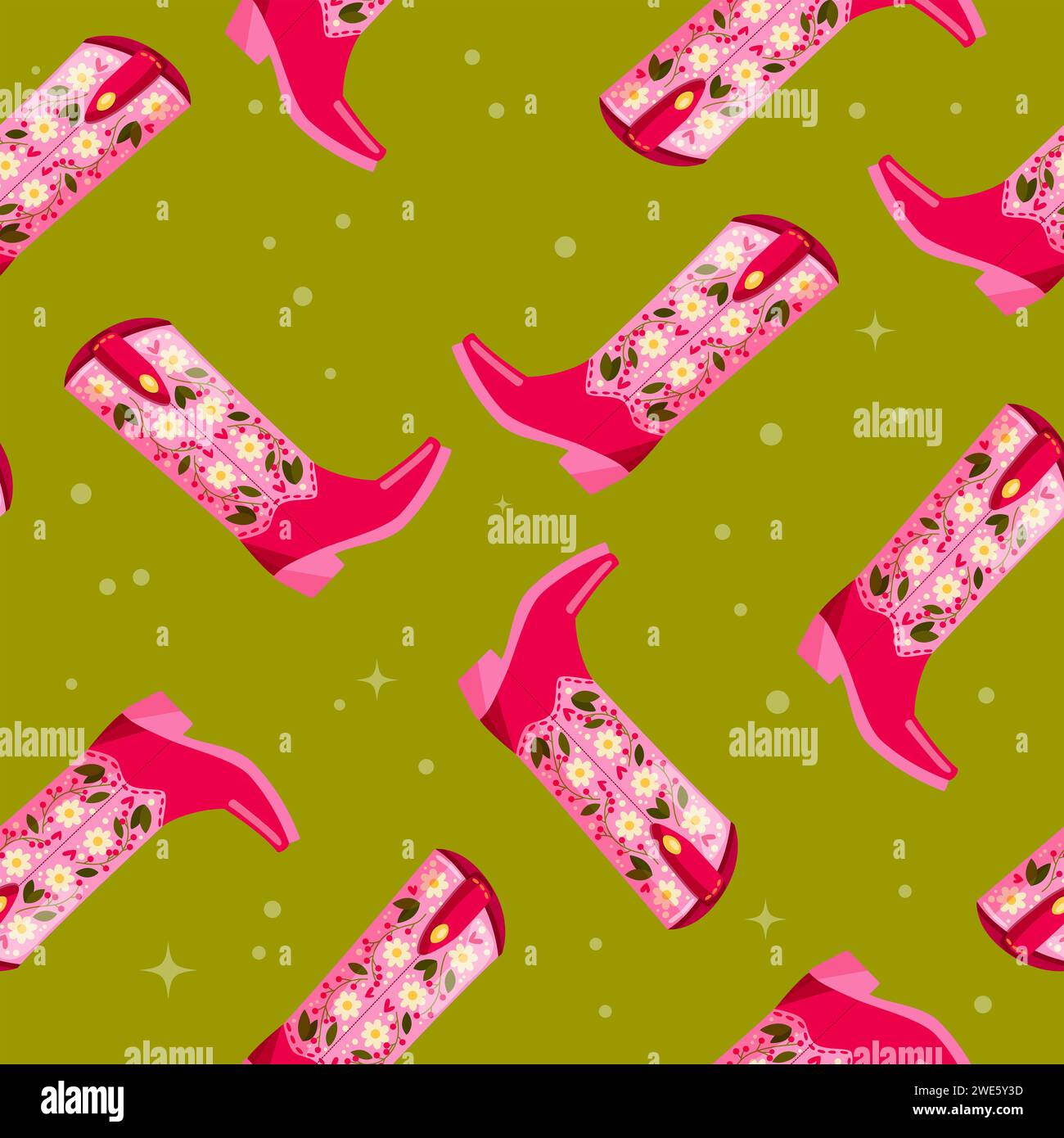 Cowboy boots with flowers and hearts on vibrant green background ...
