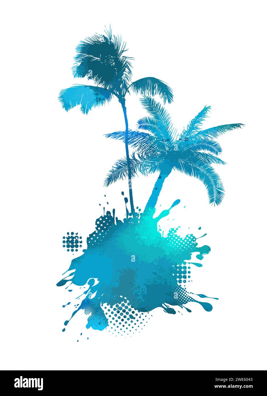 Silhouette of a blue palm tree on a white background . hand drawing ...