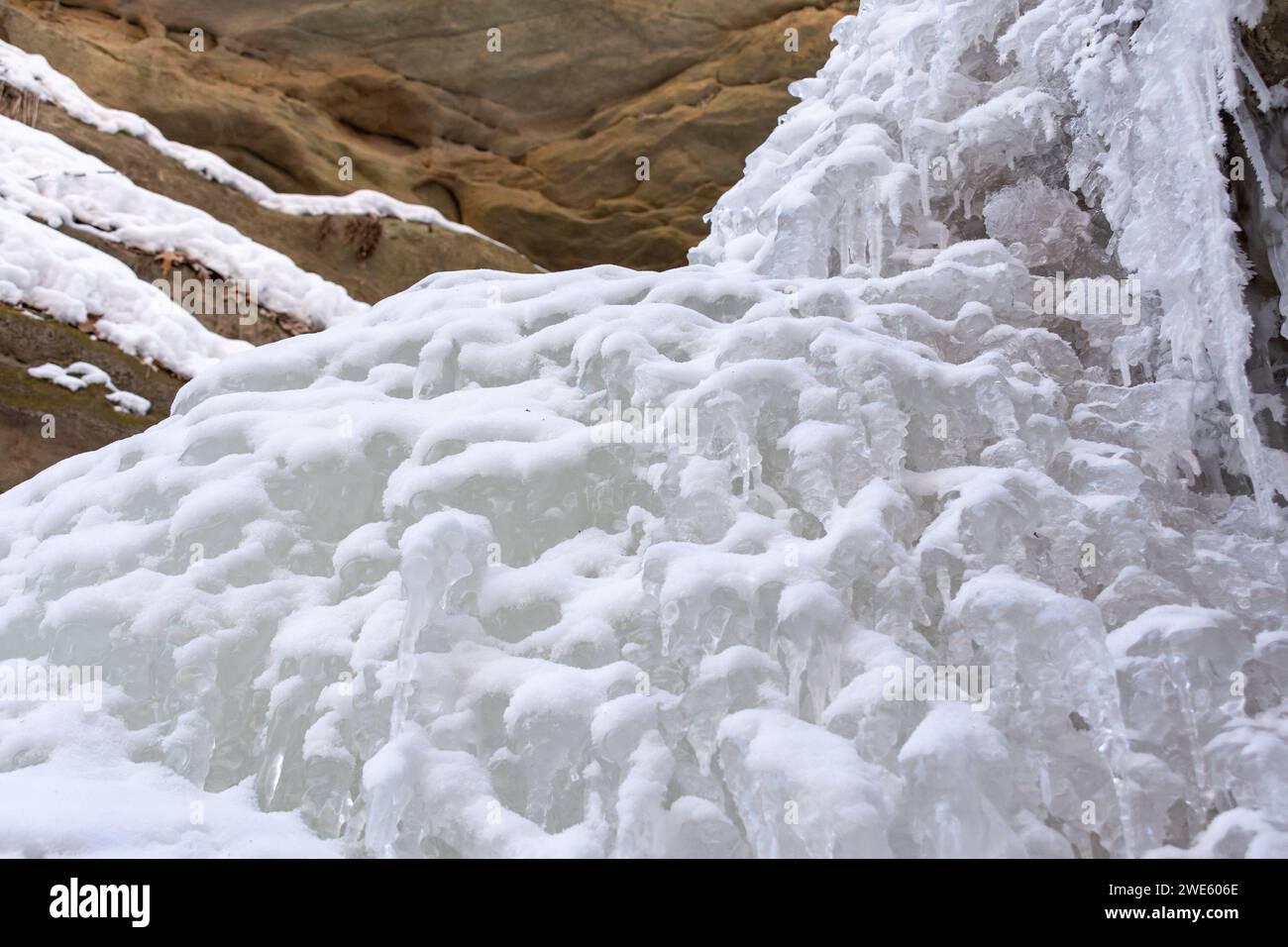 Ice formation details on a frozen waterfall. Starved Rock state park ...