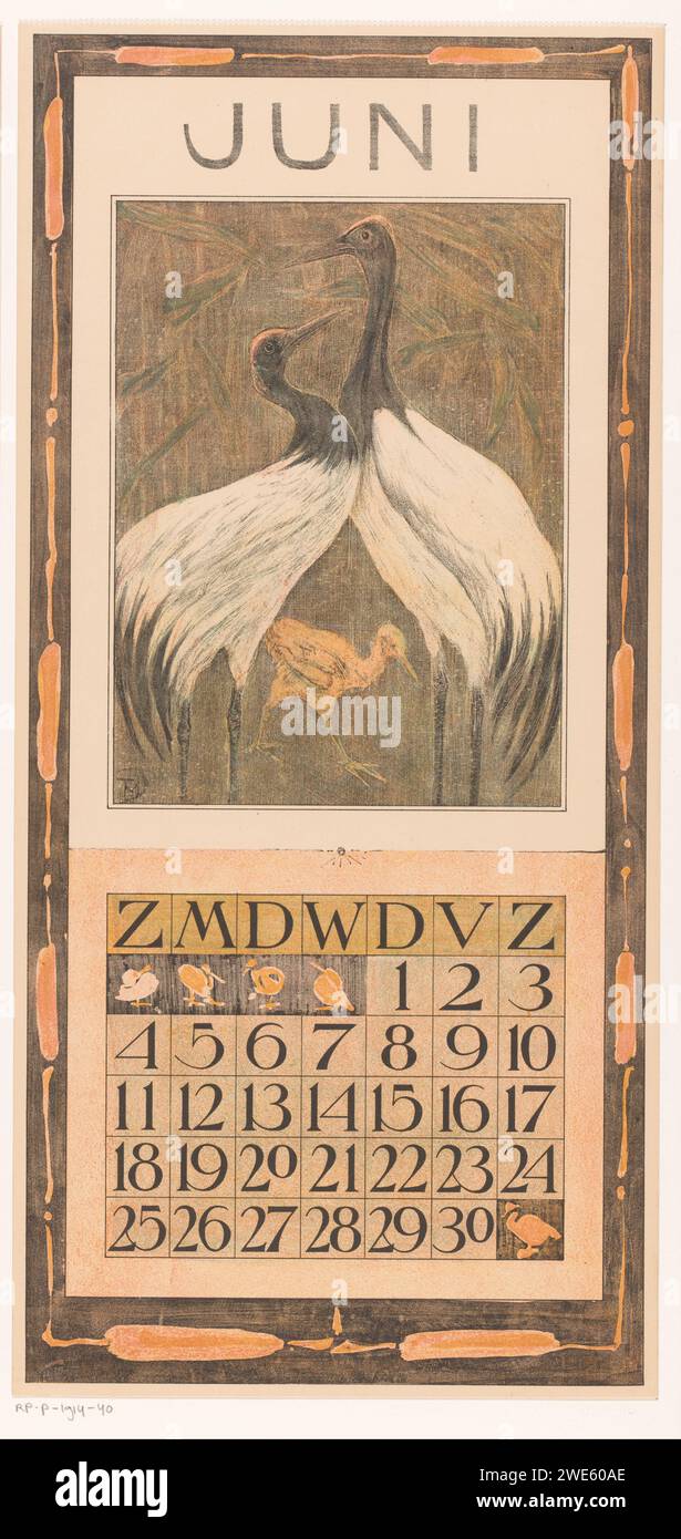 Calendar magazine June with two birds and a chick, Theo van Hoytema ...