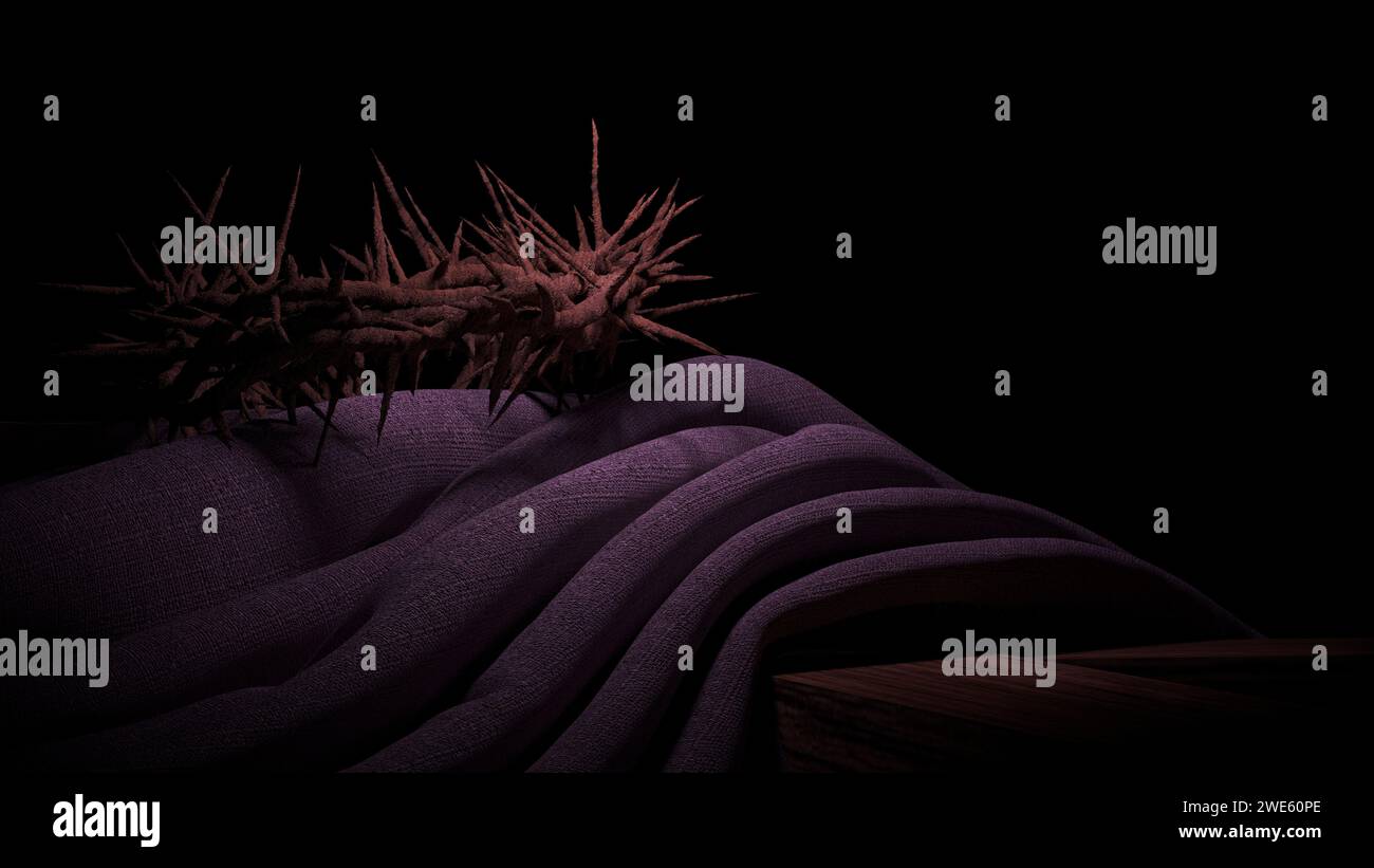 The crown of thorns of Our Lord Jesus Christ on the purple robe and on ...