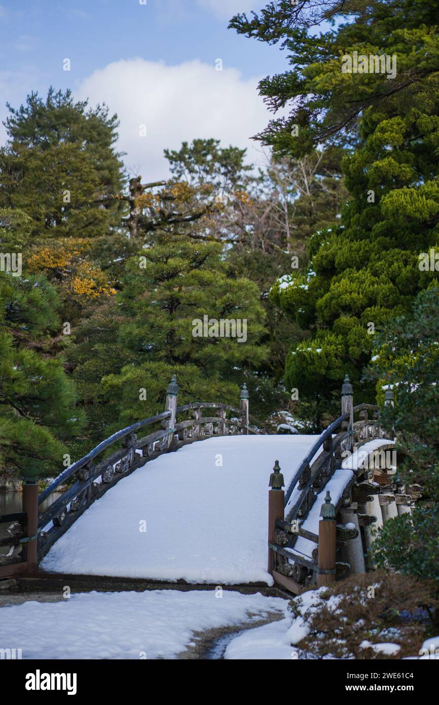 Snow-covered walkway next to trees and a building Stock Photo - Alamy