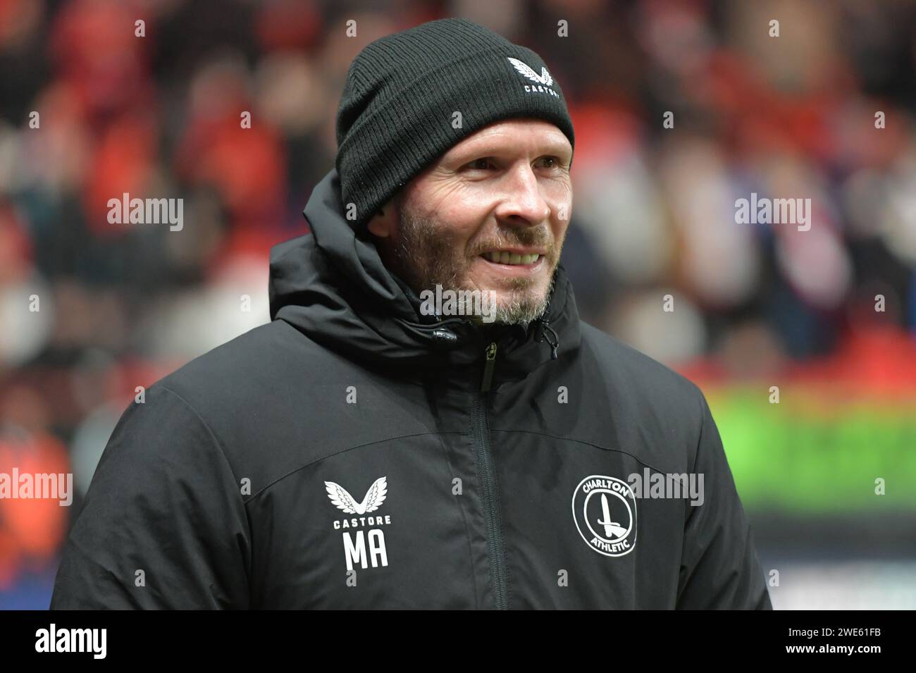 London, England. 23rd Jan 2024. Charlton Athletic Head Coach Michael ...