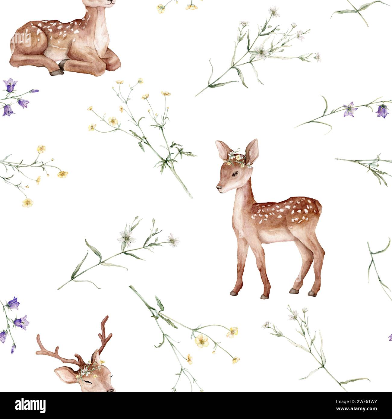 Watercolor seamless pattern baby deer and meadow flowers. Spotted deer ...