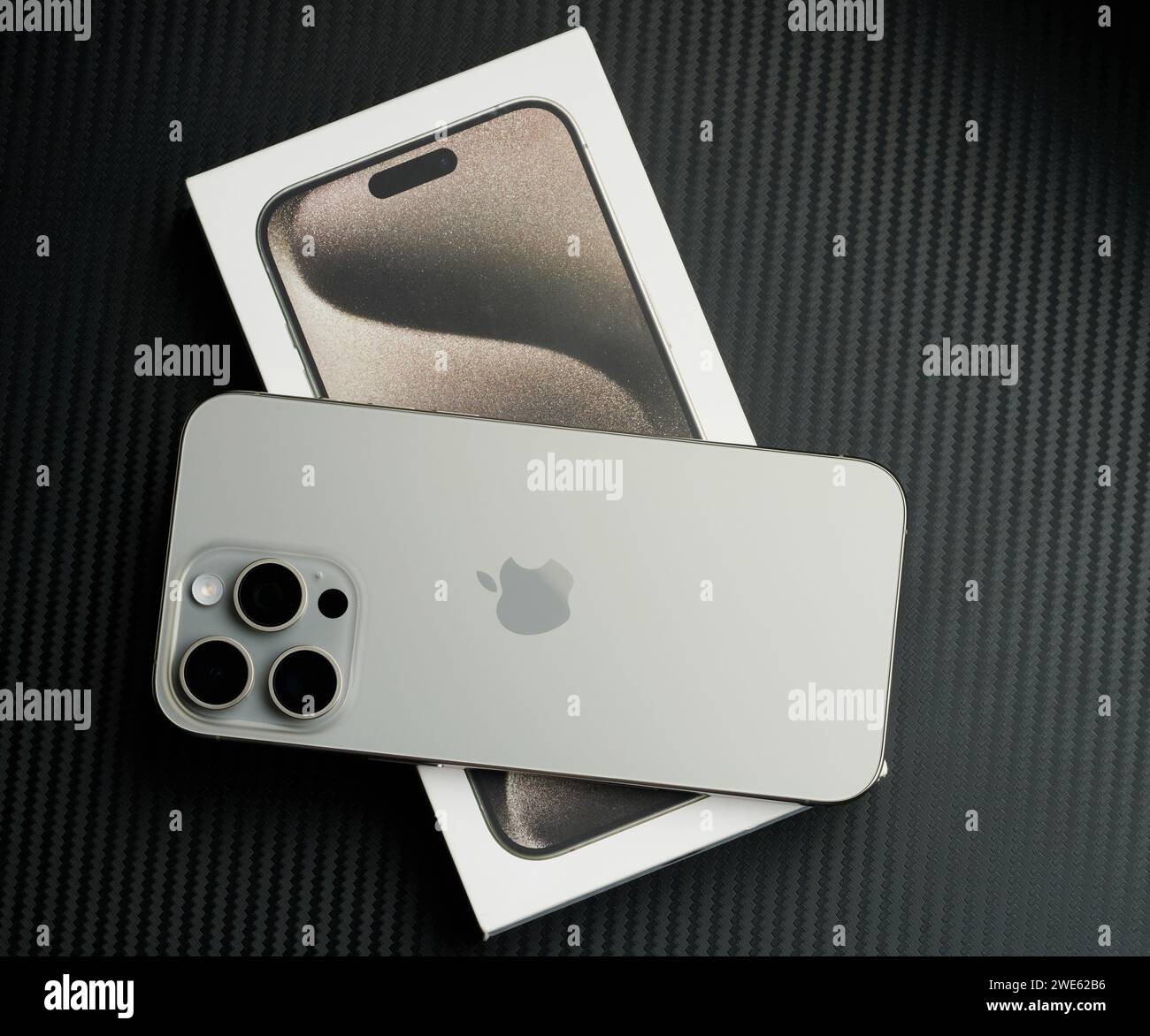 New York, USA - January 23, 2024: Apple Iphone 15 pro max lay on top of ...