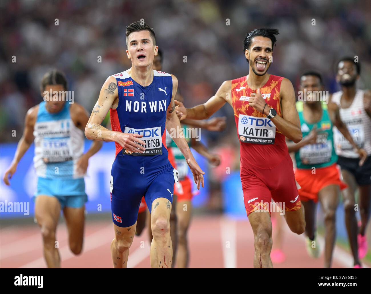 Mohamed Katir and Jakob Ingebrigtsen in the last meters of the 5000 meters of the 2023 World ...