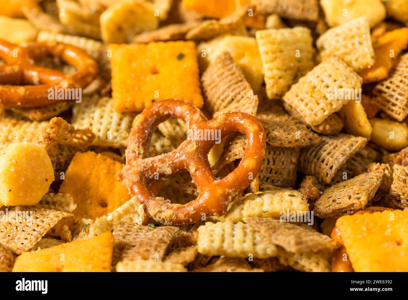 Homemade Flavored Cracker Snack Mix with Pretzels and Cereal Stock ...