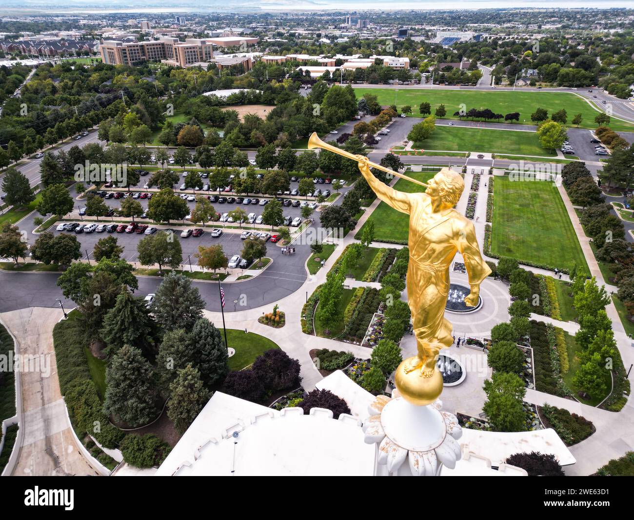 Angel Moroni on top of the Provo Utah Temple in front of Provo ...