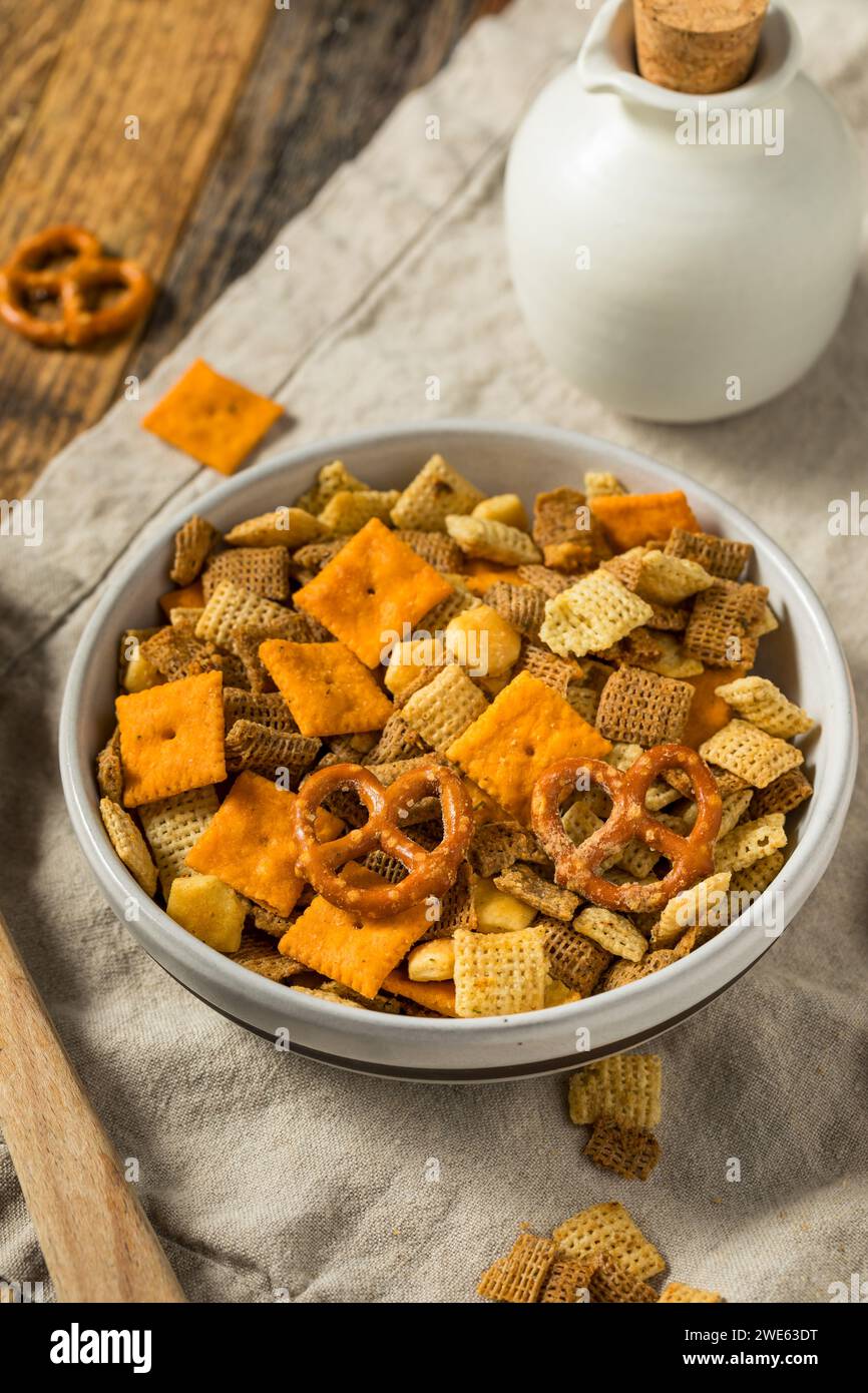 Homemade Flavored Cracker Snack Mix with Pretzels and Cereal Stock ...