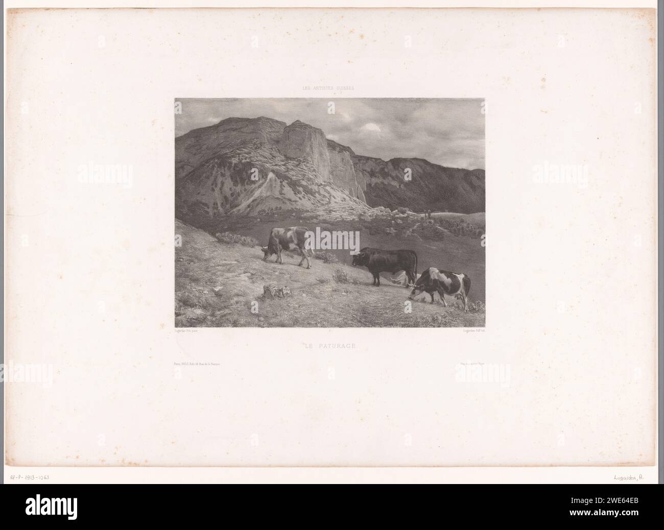 Grazing cows in a mountain meadow, Albert Lugardon, 1852 - 1860 print ...