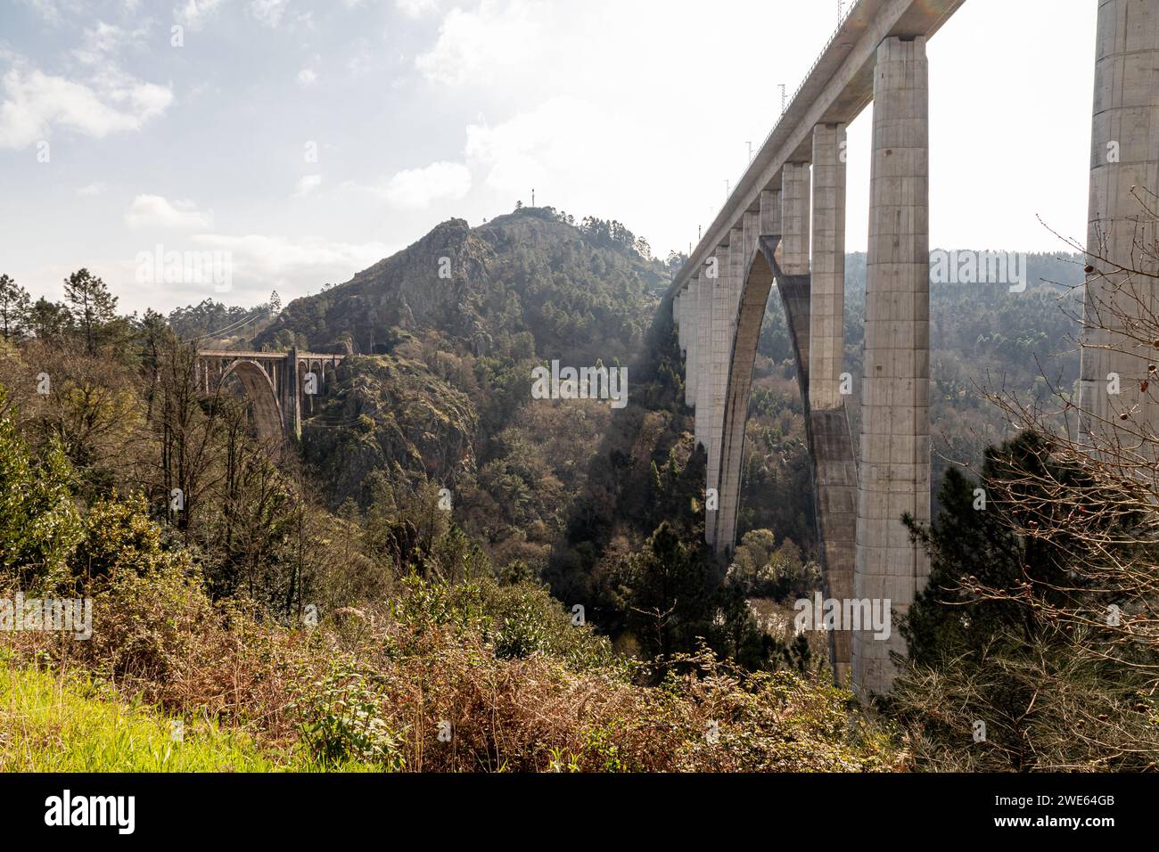 A Ponte Ulla, Spain. The two viaducts of Gundian over the river Ulla ...