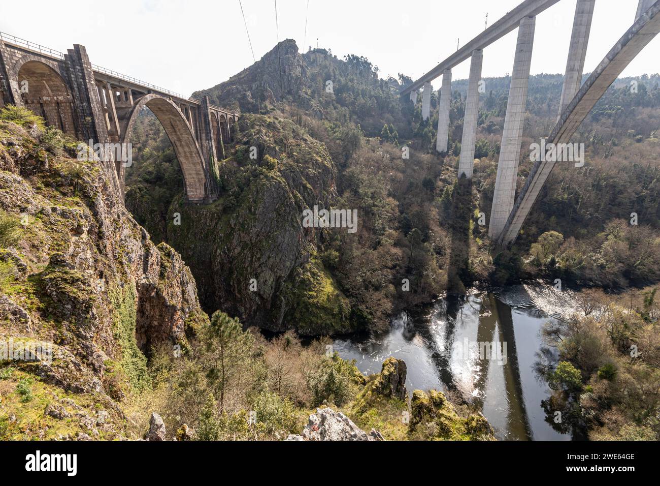 A Ponte Ulla, Spain. The two viaducts over the river Ulla, as seen from ...
