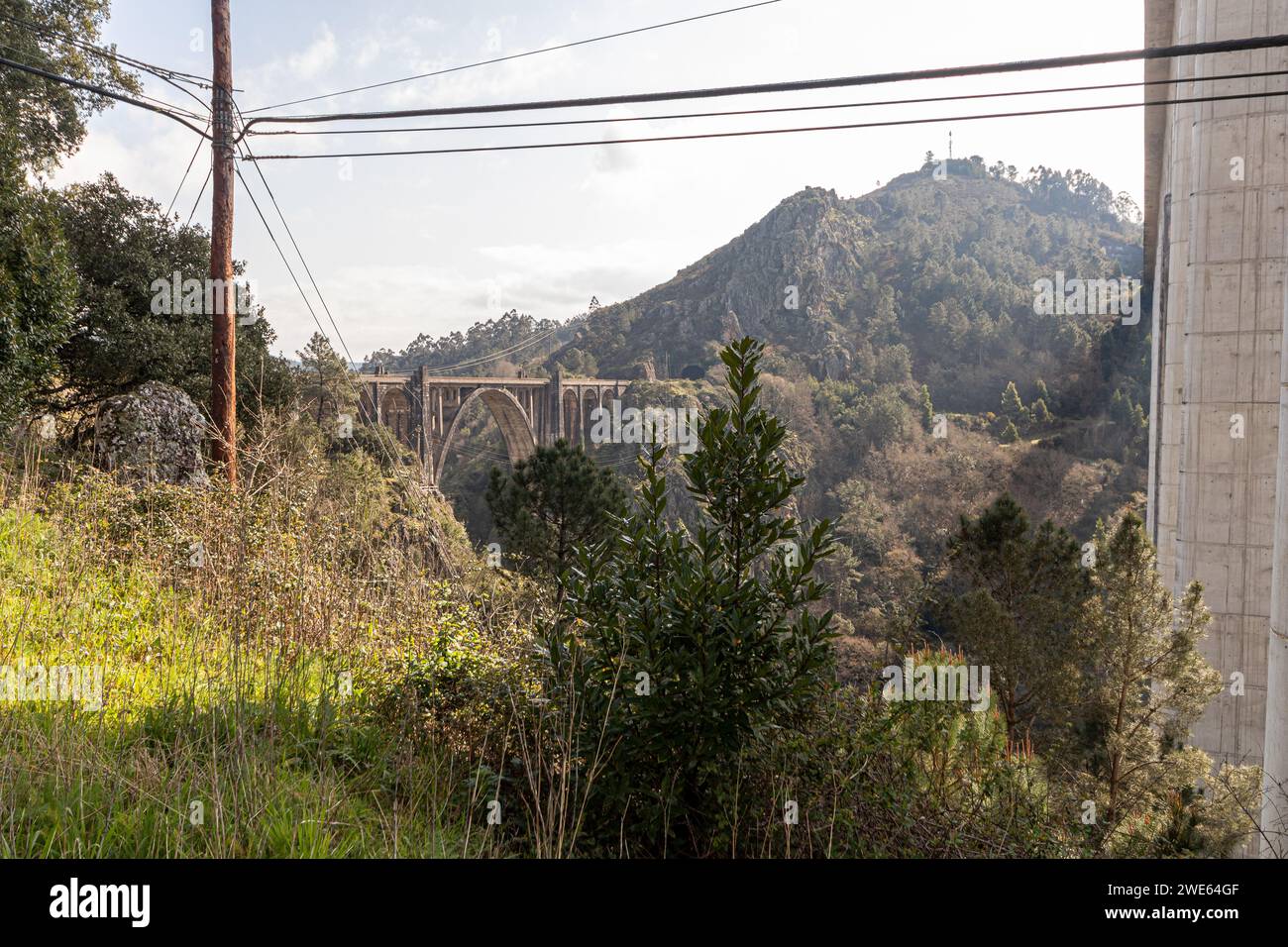 A Ponte Ulla, Spain. The viaduct of Gundian, a stone and iron rail ...