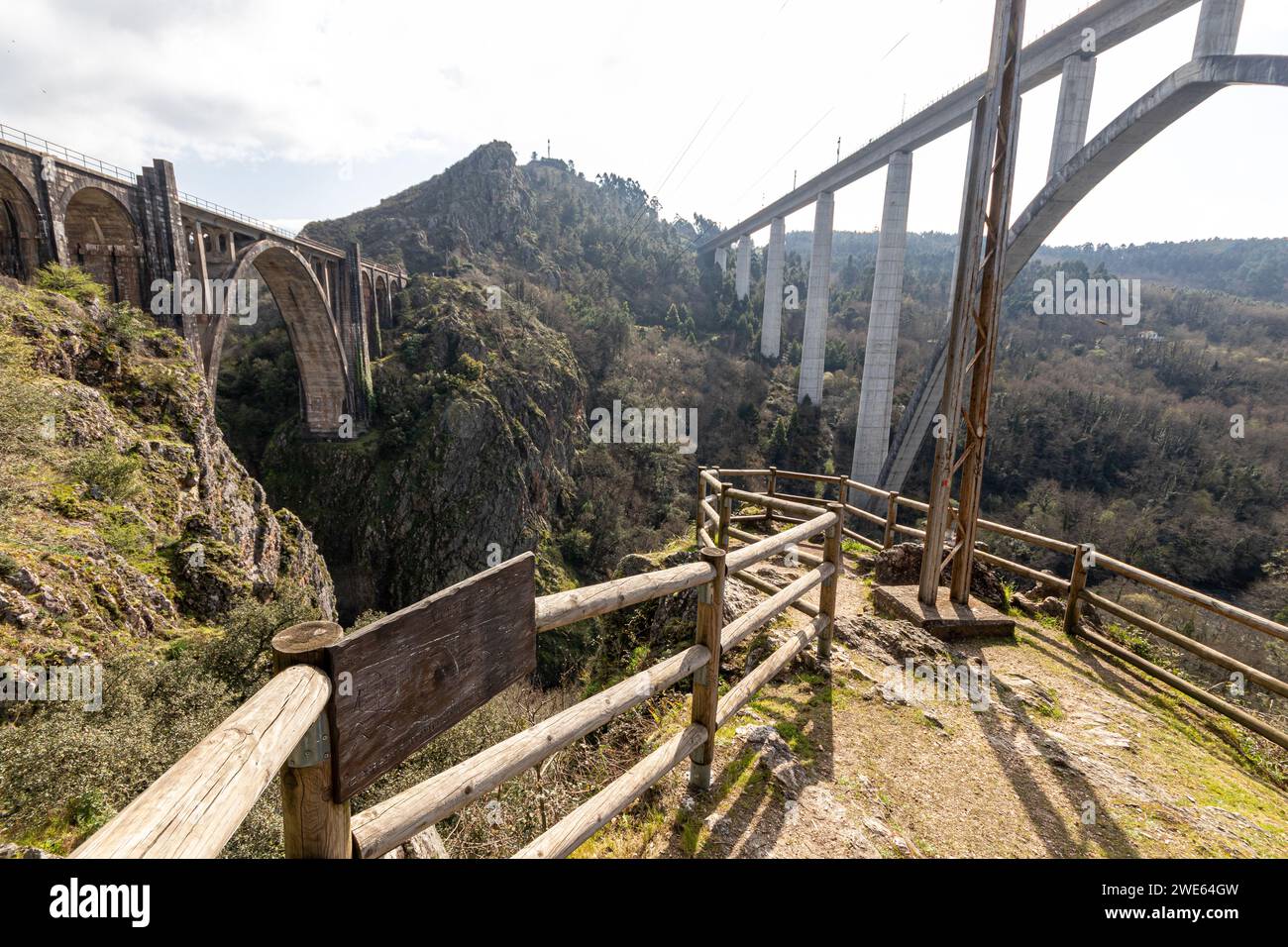 A Ponte Ulla, Spain. The two viaducts over the river Ulla, as seen from ...
