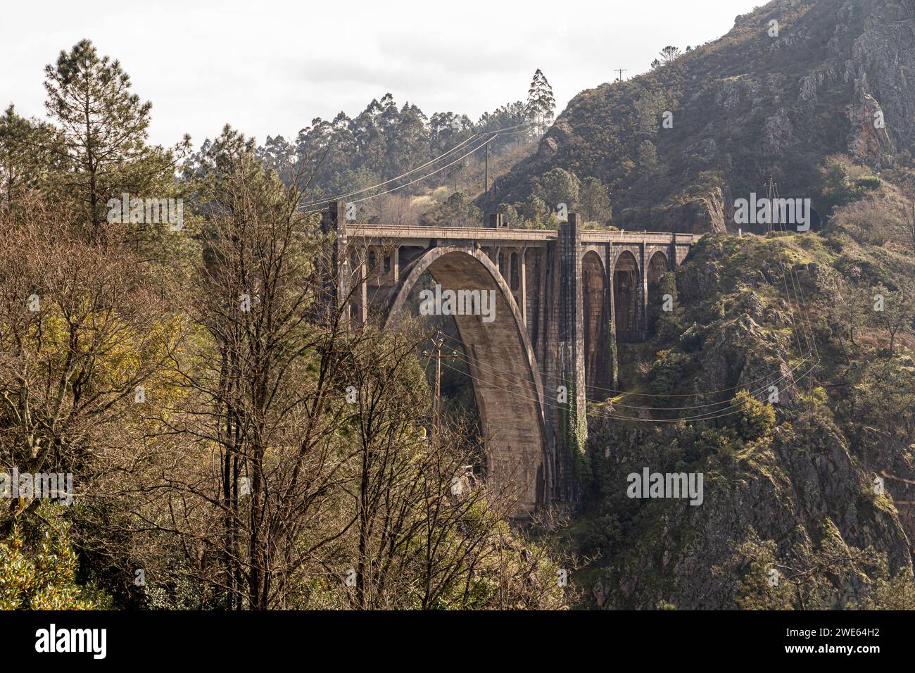 A Ponte Ulla, Spain. The viaduct of Gundian, a stone and iron rail ...