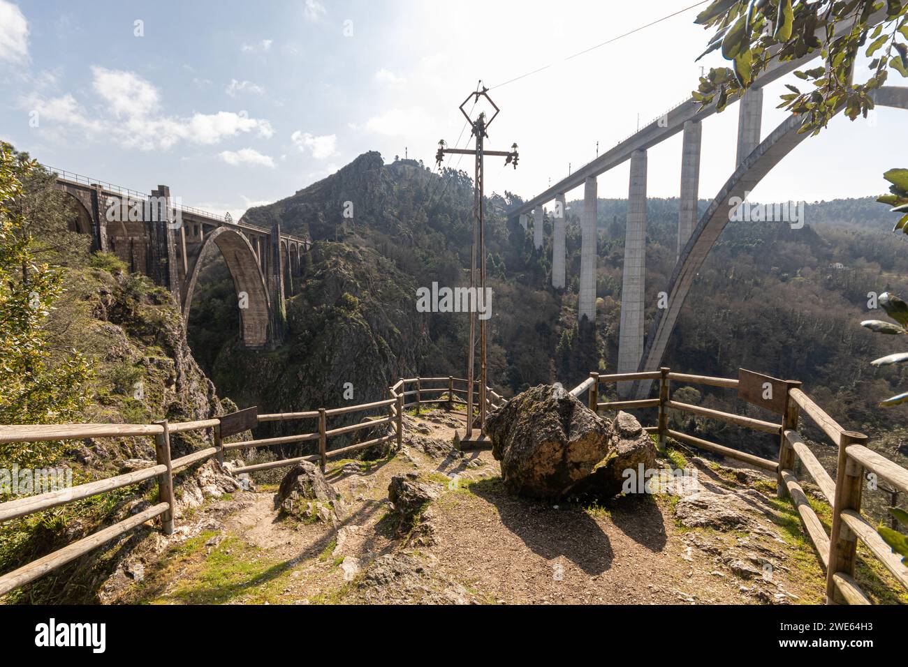 A Ponte Ulla, Spain. The two viaducts over the river Ulla, as seen from ...