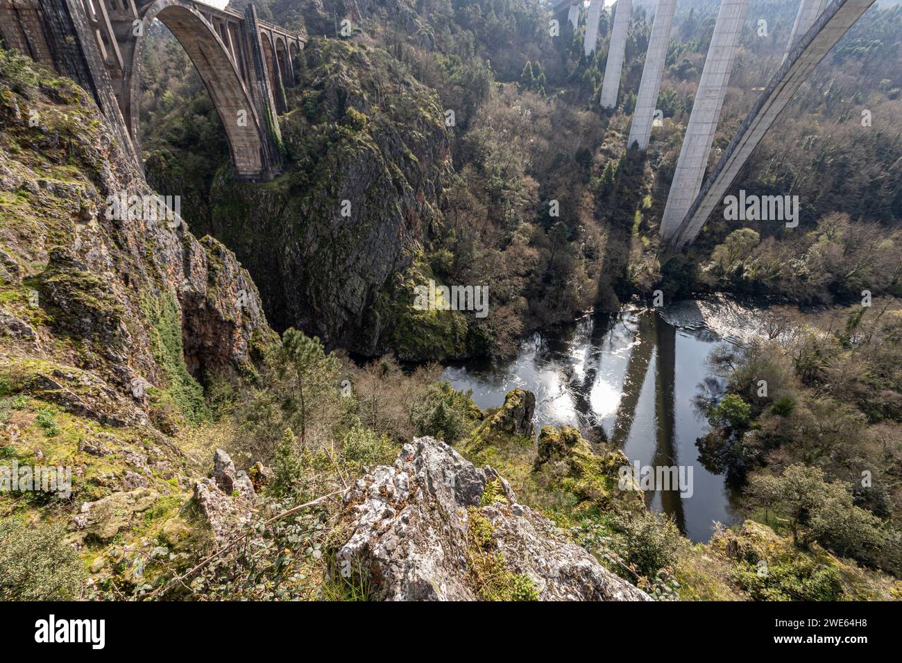 A Ponte Ulla, Spain. The two viaducts over the river Ulla, as seen from ...