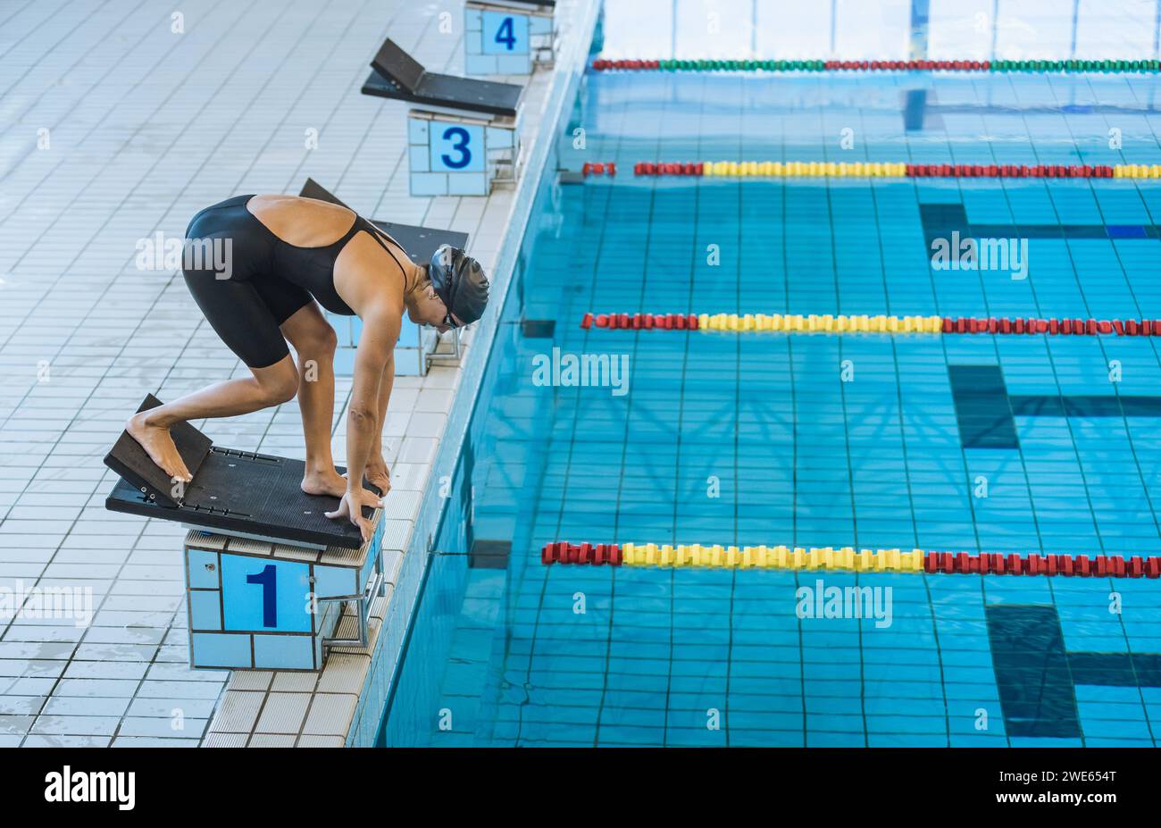Professional female swimmer preparing and jumping off the starting ...