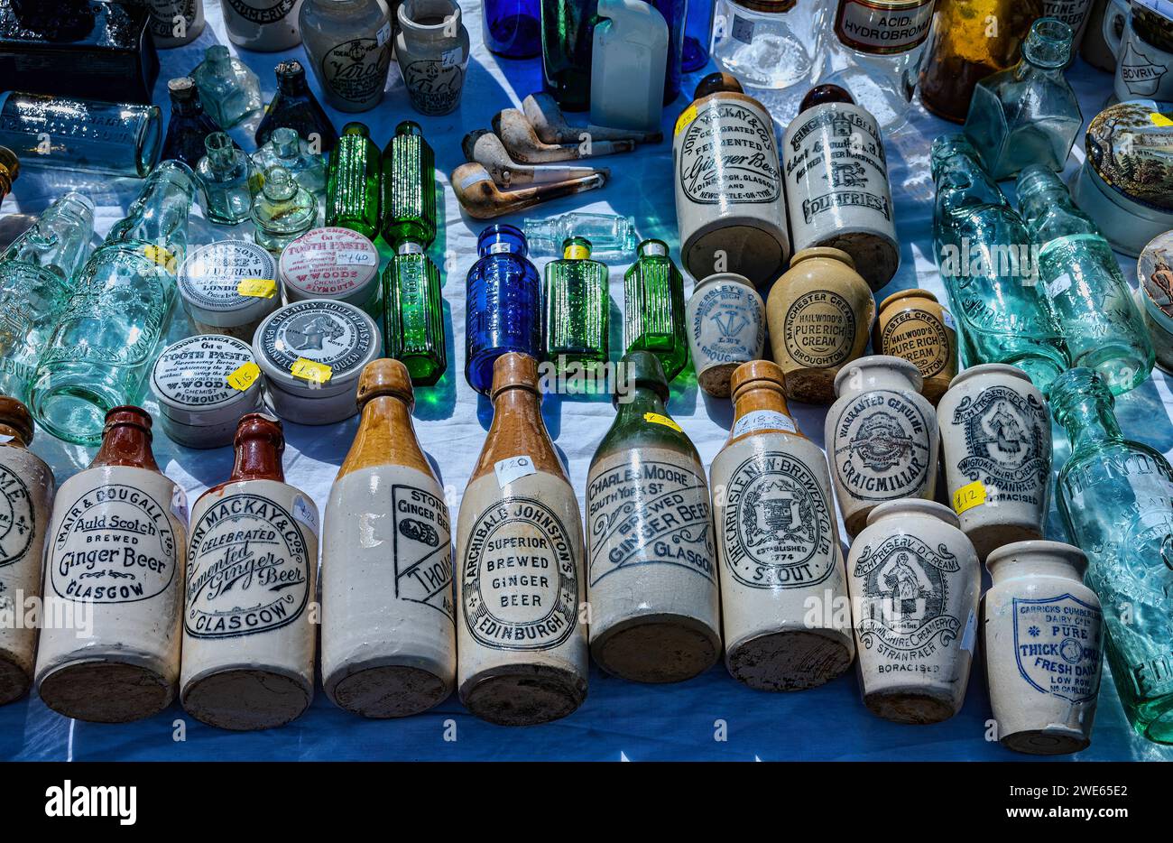 Market stall with selection of collectible of bottles and jars Stock ...