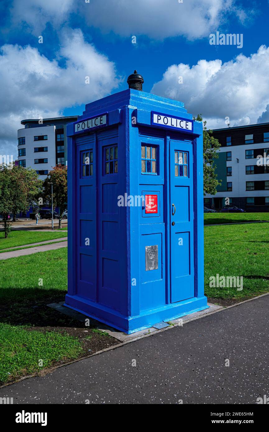 iconic Blue Police Box (Tardis) at Barrowland Park, Glasgow, Scotland ...