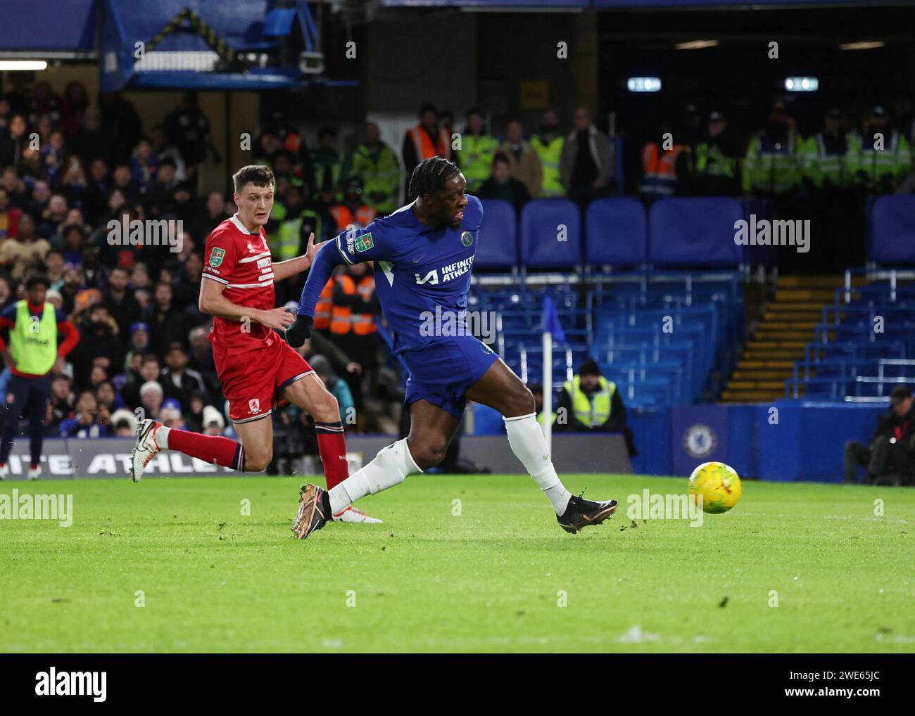 London, UK. 23rd Jan, 2024. Axel Disasi of Chelsea scores their third ...