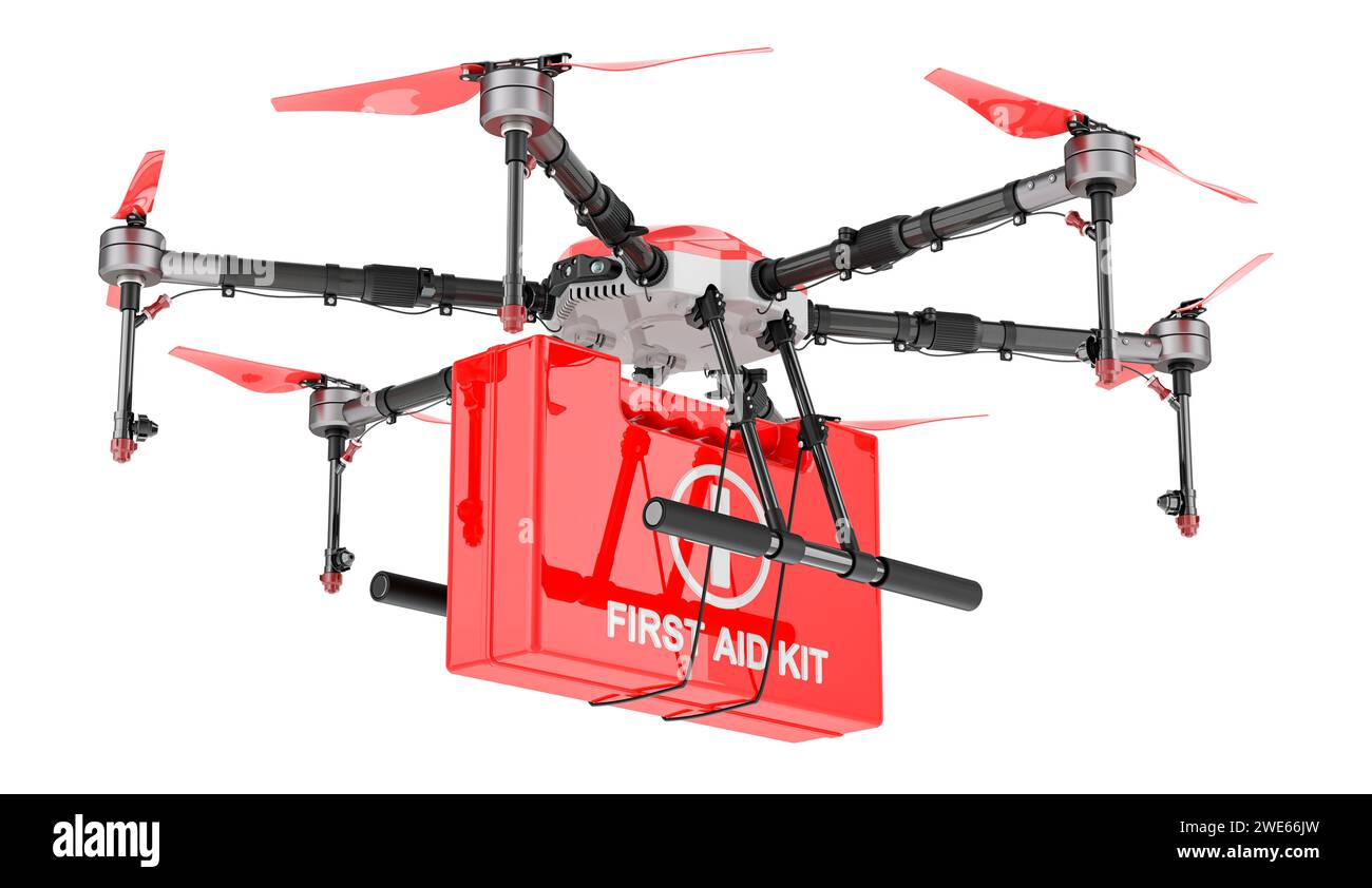Drone with First Aid, drone ambulance. 3D rendering isolated on white ...
