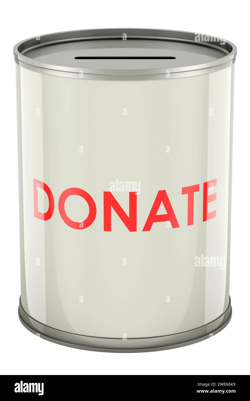 Donation can, 3D rendering isolated on white background Stock Photo - Alamy