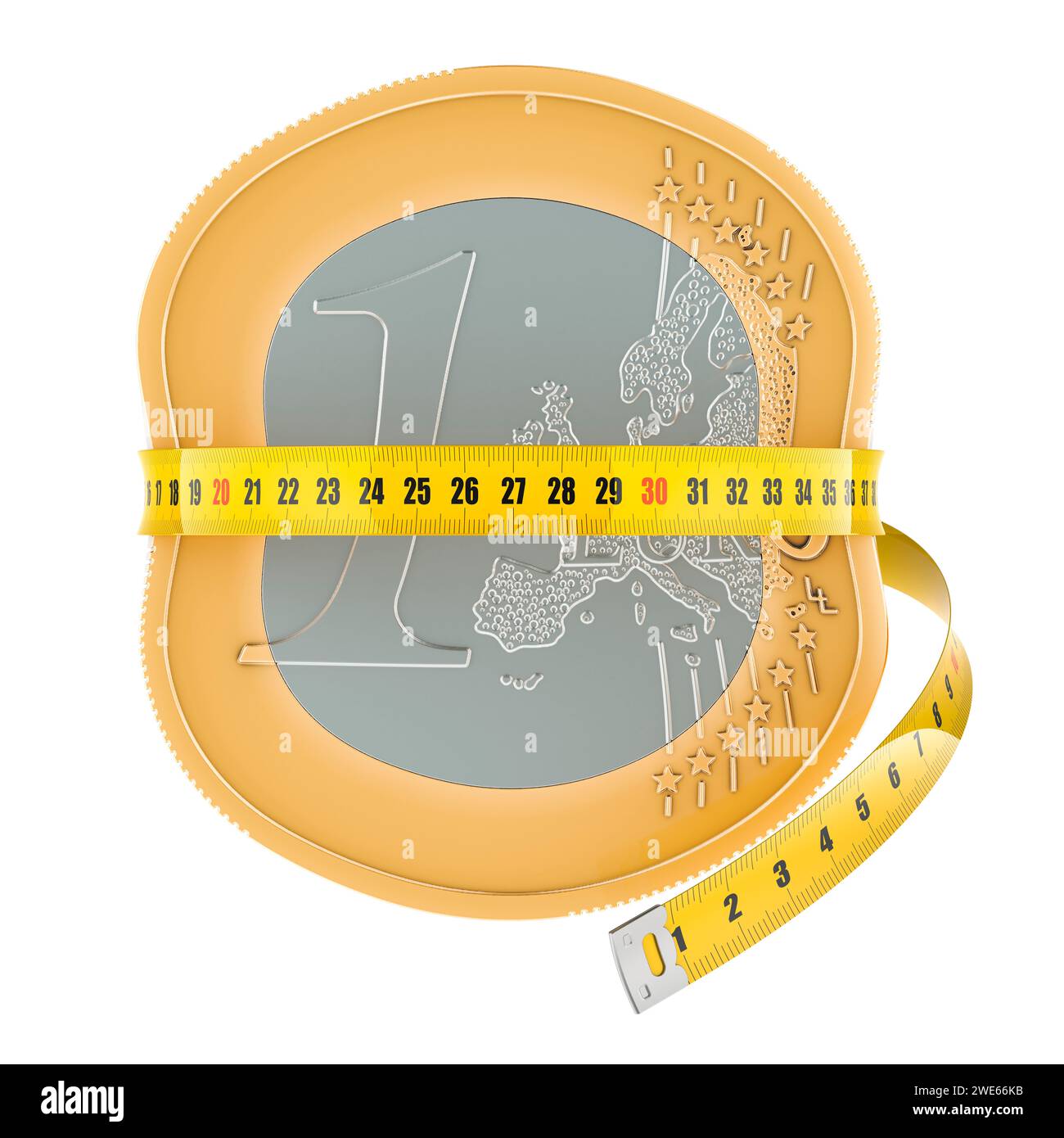 Euro coin with measure tape around. 3D rendering isolated on white ...