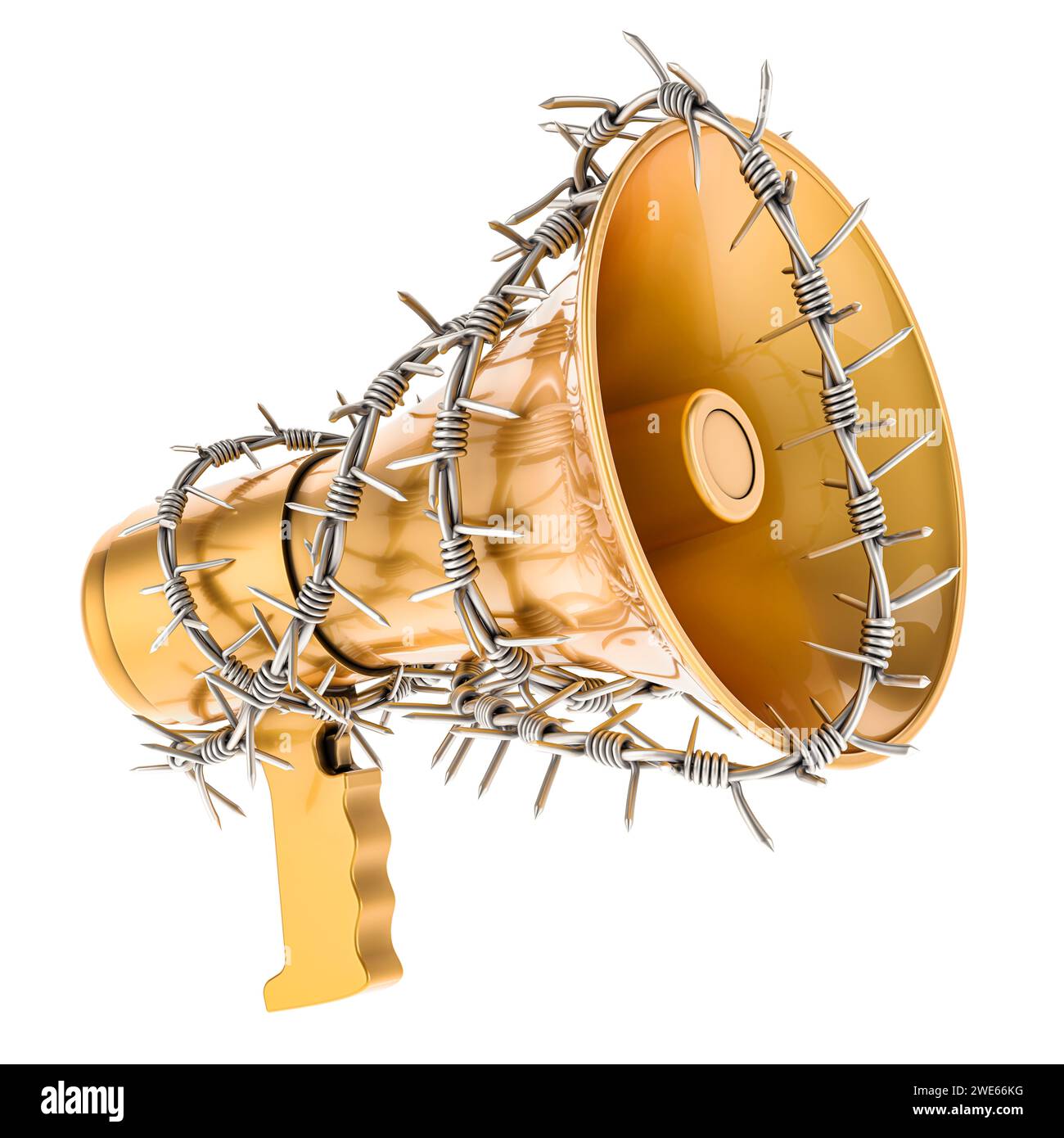 Golden Megaphone with barbed wire, concept. 3D rendering isolated on ...