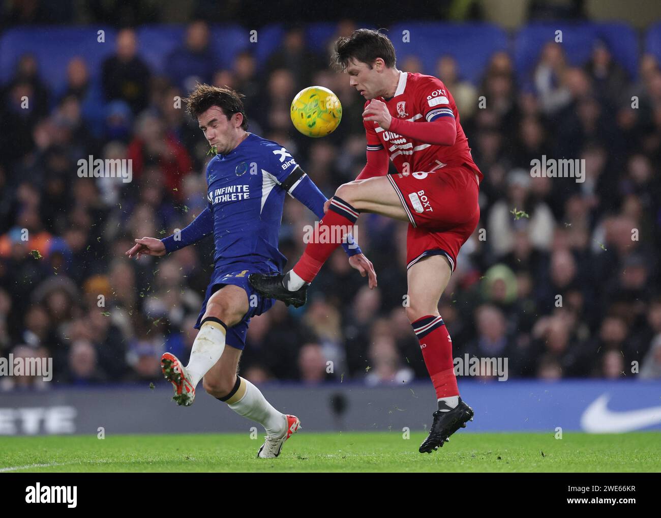 London, UK. 23rd Jan, 2024. Ben Chilwell of Chelsea challenges Jonathan ...
