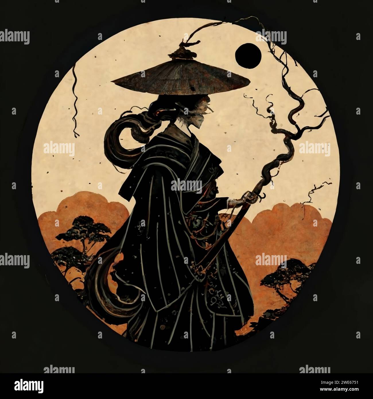 Black and white silhouette of a Japanese folklore style witch Stock ...
