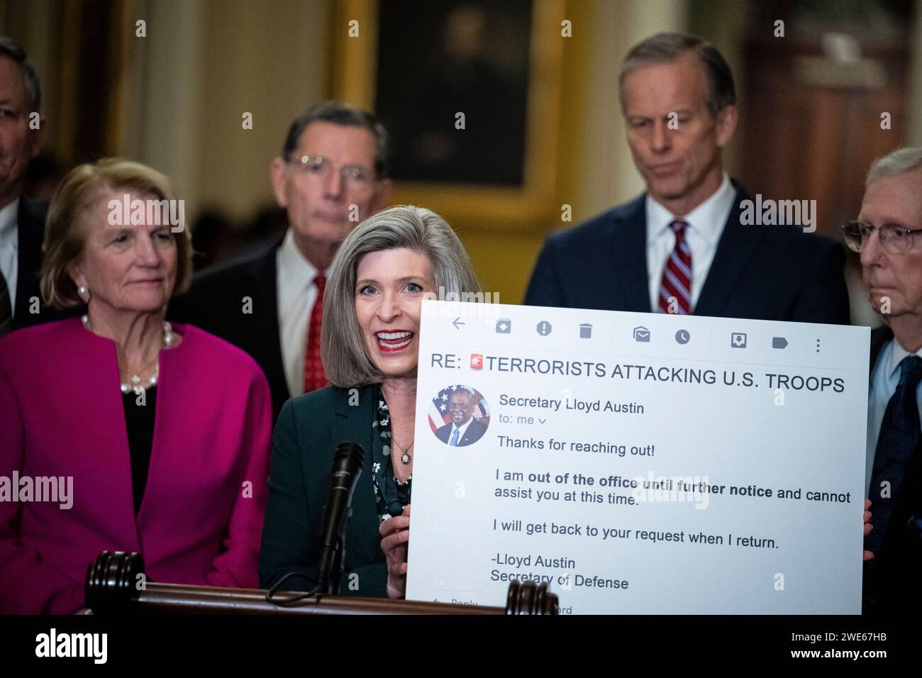 Washington, USA. 23rd Jan, 2024. Senator Joni Ernst (R-IA) holds a sign ...