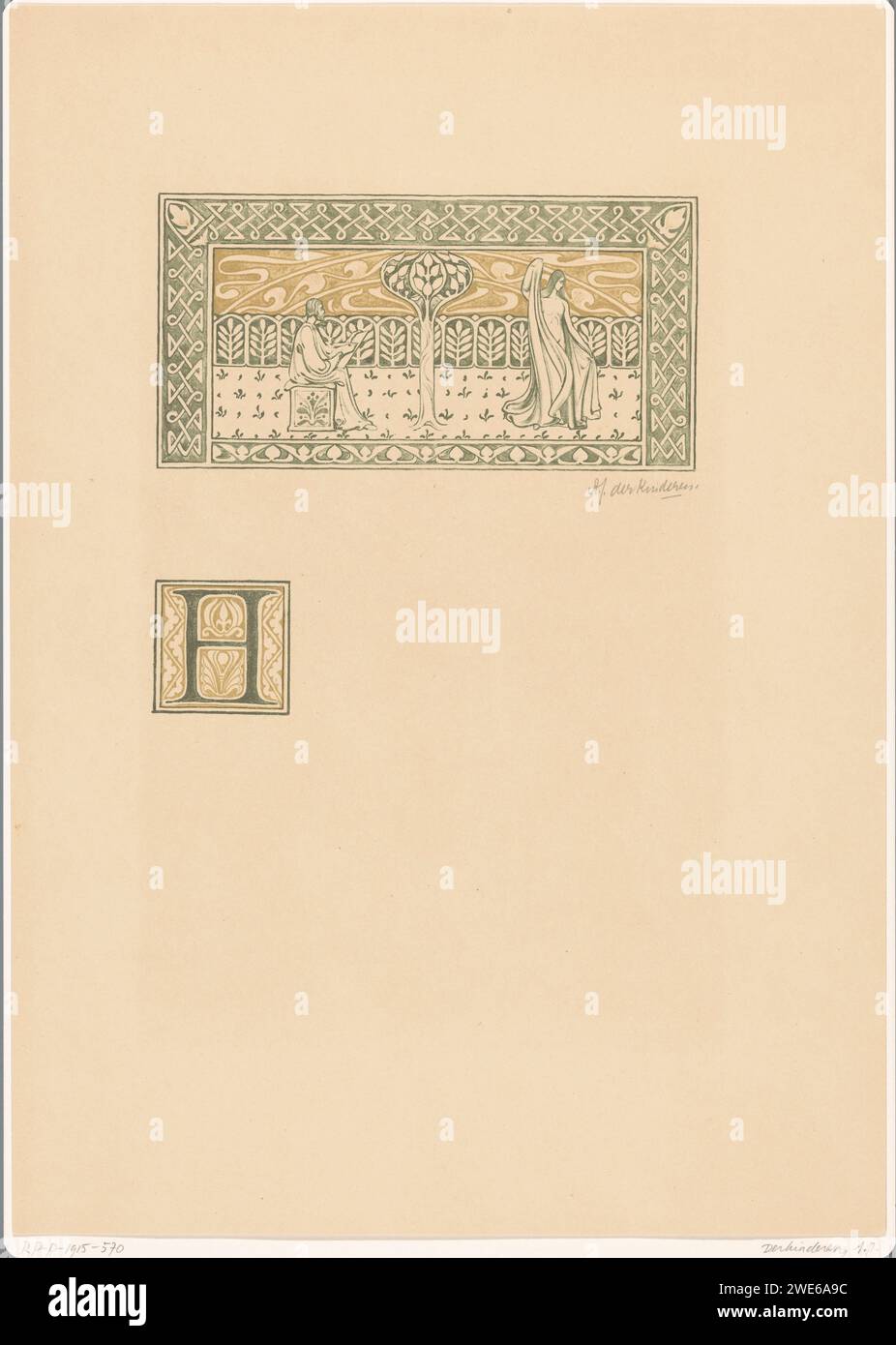 Capital H and vignette with two figures in a garden, Antoon Derkinderen ...